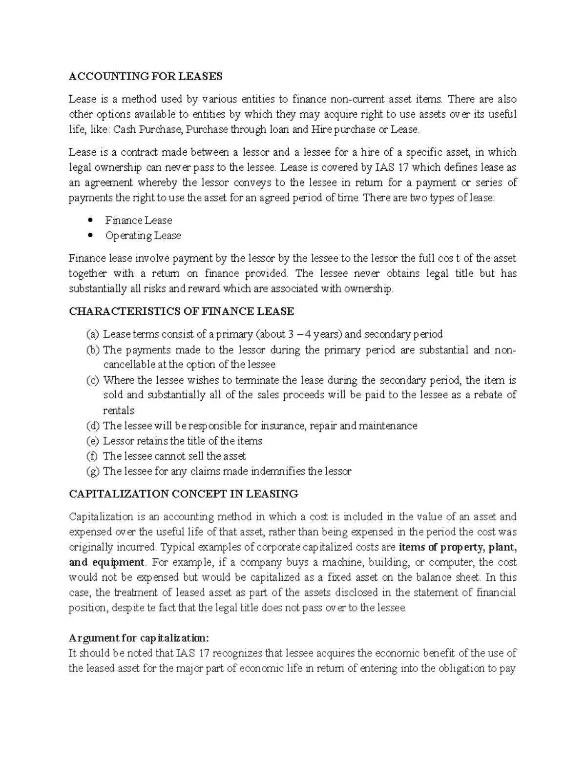 Accounting FOR Leases - Further Notes - ACCOUNTING FOR LEASES Lease is ...