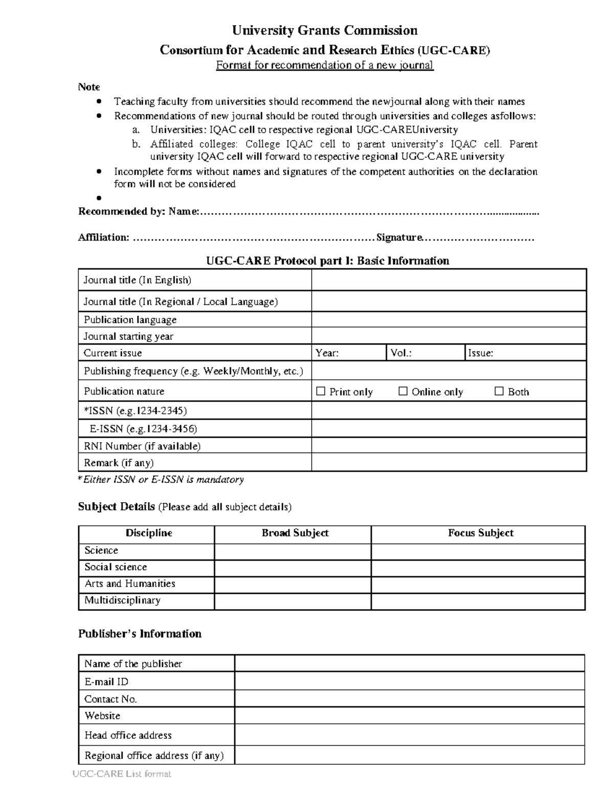 Basic Criteria Data Collection Form - University Grants Commission ...