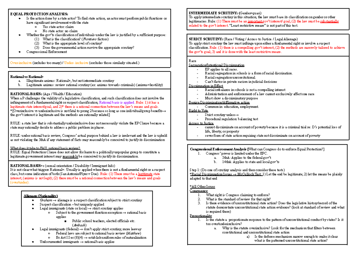 Rachel's Mini Outline - EQUAL PROTECTION ANALYSIS: Is the action done ...
