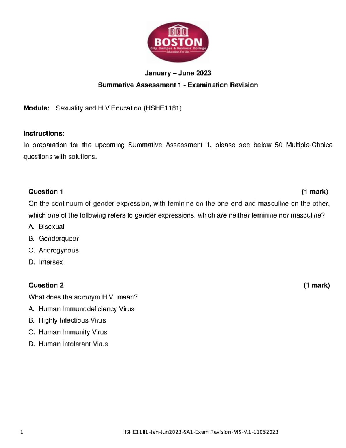 HSHE1181-Jan-Jun2023-SA1-Exam Revision-MS-V - Module: Sexuality and HIV ...
