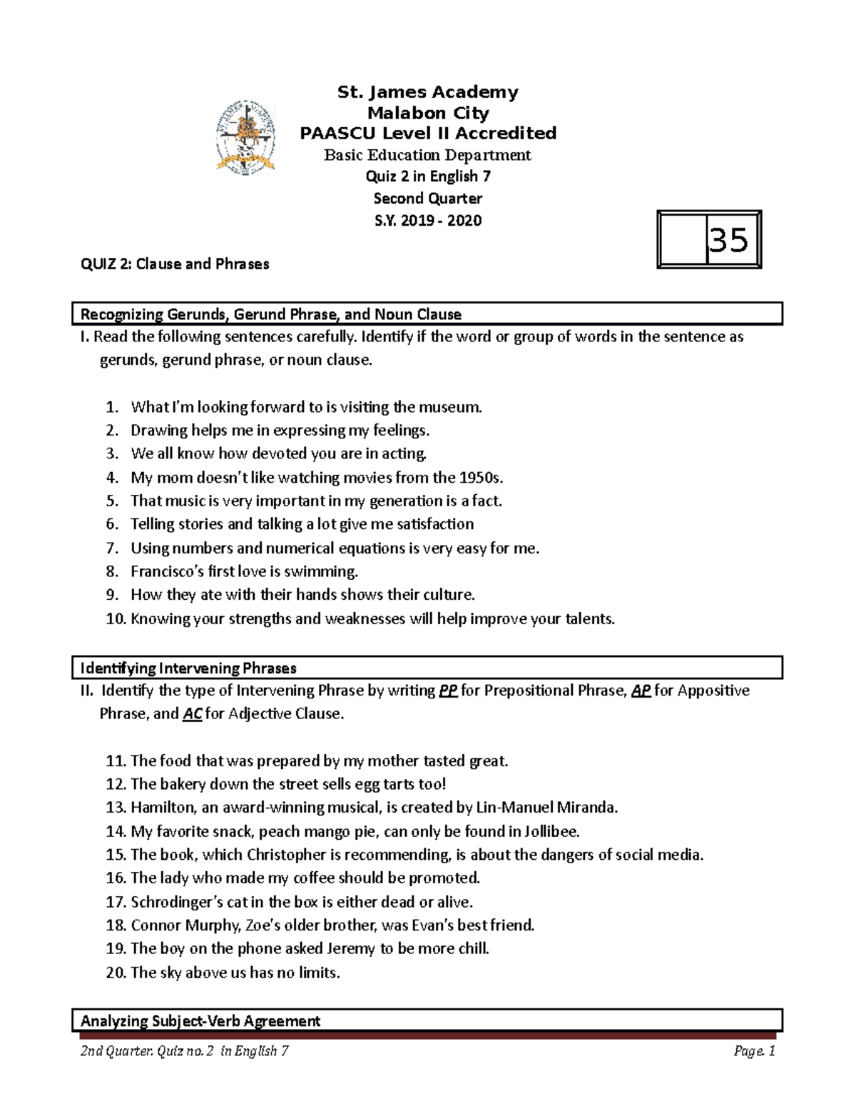 English 7 Q2 QUIZ 2 - lesson plan - St. James Academy Malabon City ...