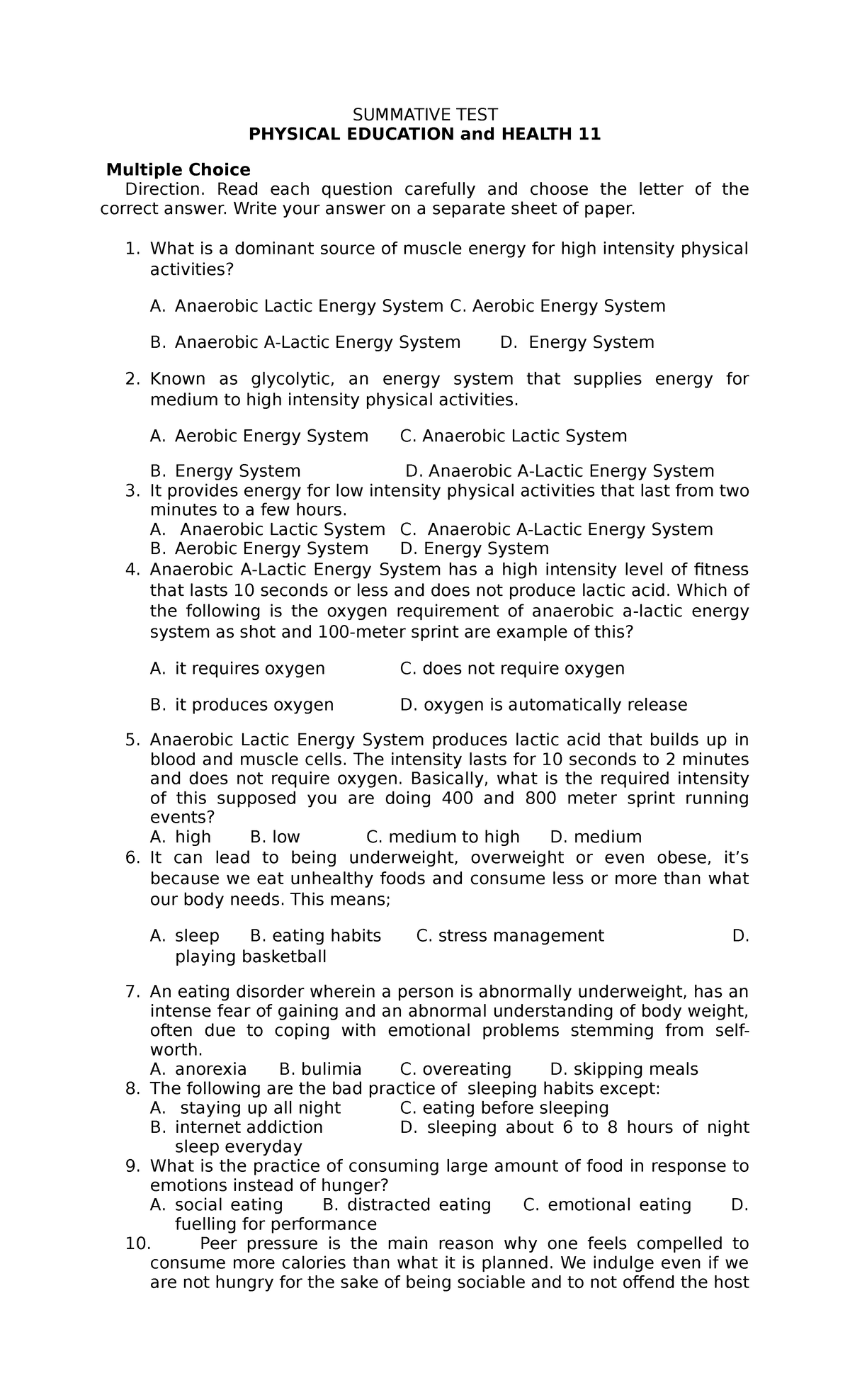 Pe and health exam summative 1112 - SUMMATIVE TEST PHYSICAL EDUCATION ...