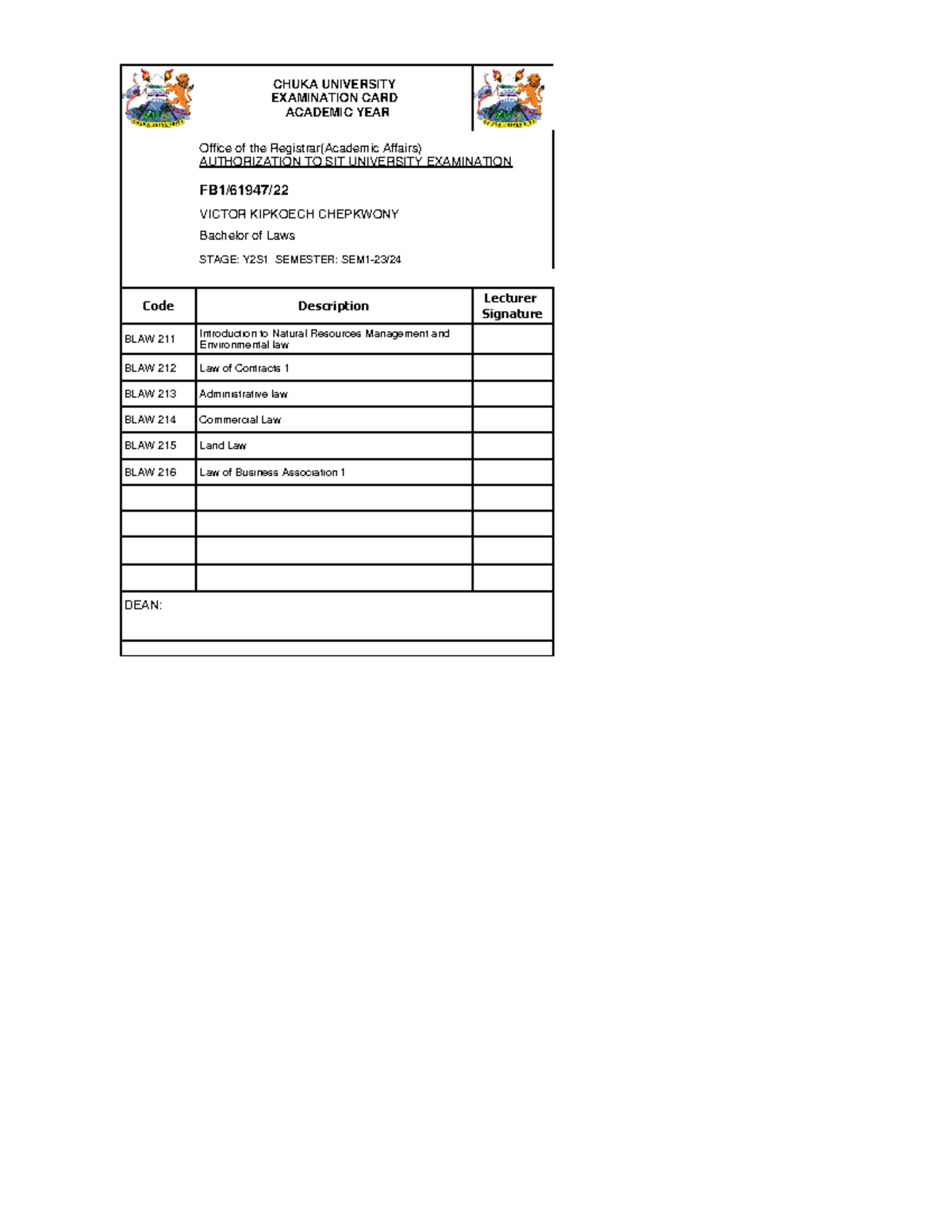 Examcard-FB16194722 - Examination - CHUKA UNIVERSITY EXAMINATION CARD ...