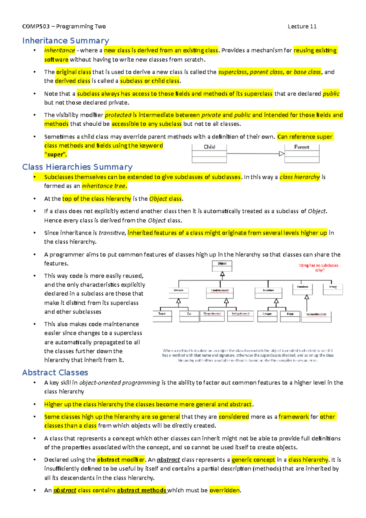 Programming 2 Lecture 11 - COMP503 – Programming Two Lecture 11 Inheritance Summary inheritance ...