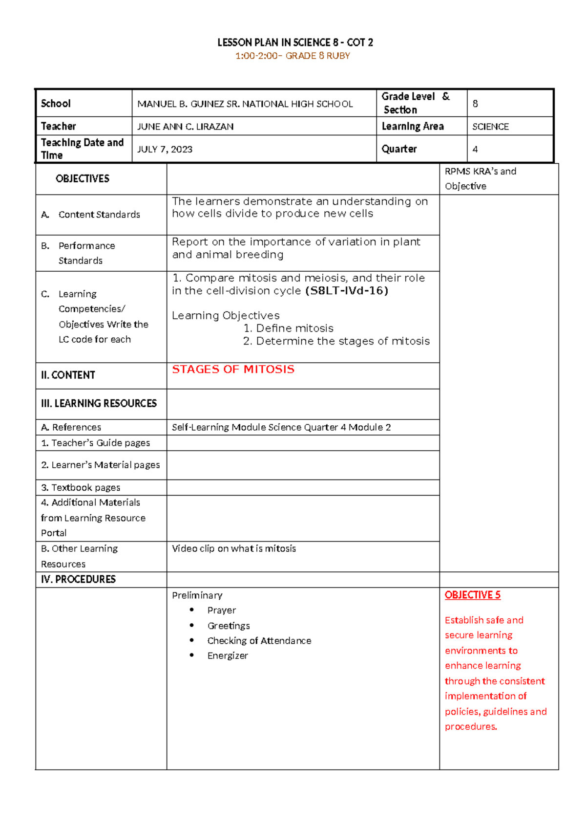 stages of mitosis - LESSON PLAN IN SCIENCE 8 - COT 2 1:00-2:00– GRADE 8 ...