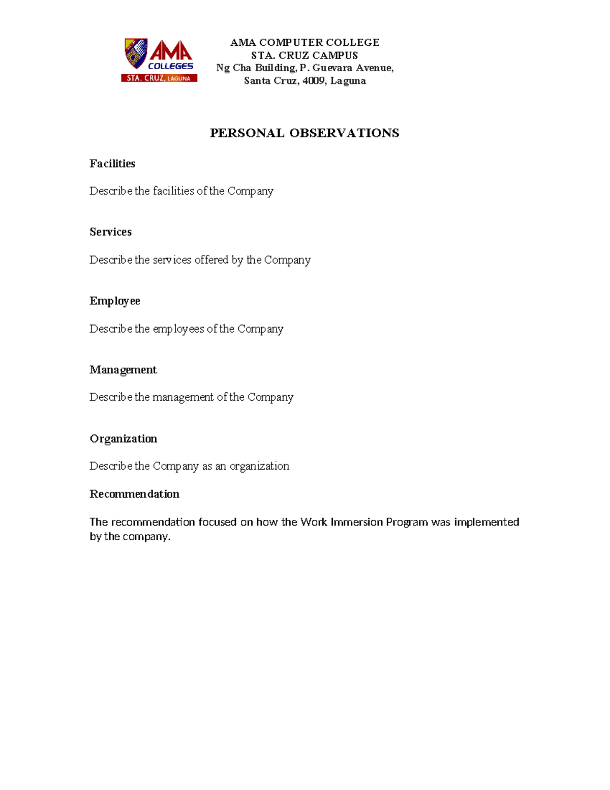SHS-Personal-Observations - AMA COMPUTER COLLEGE STA. CRUZ CAMPUS Ng ...