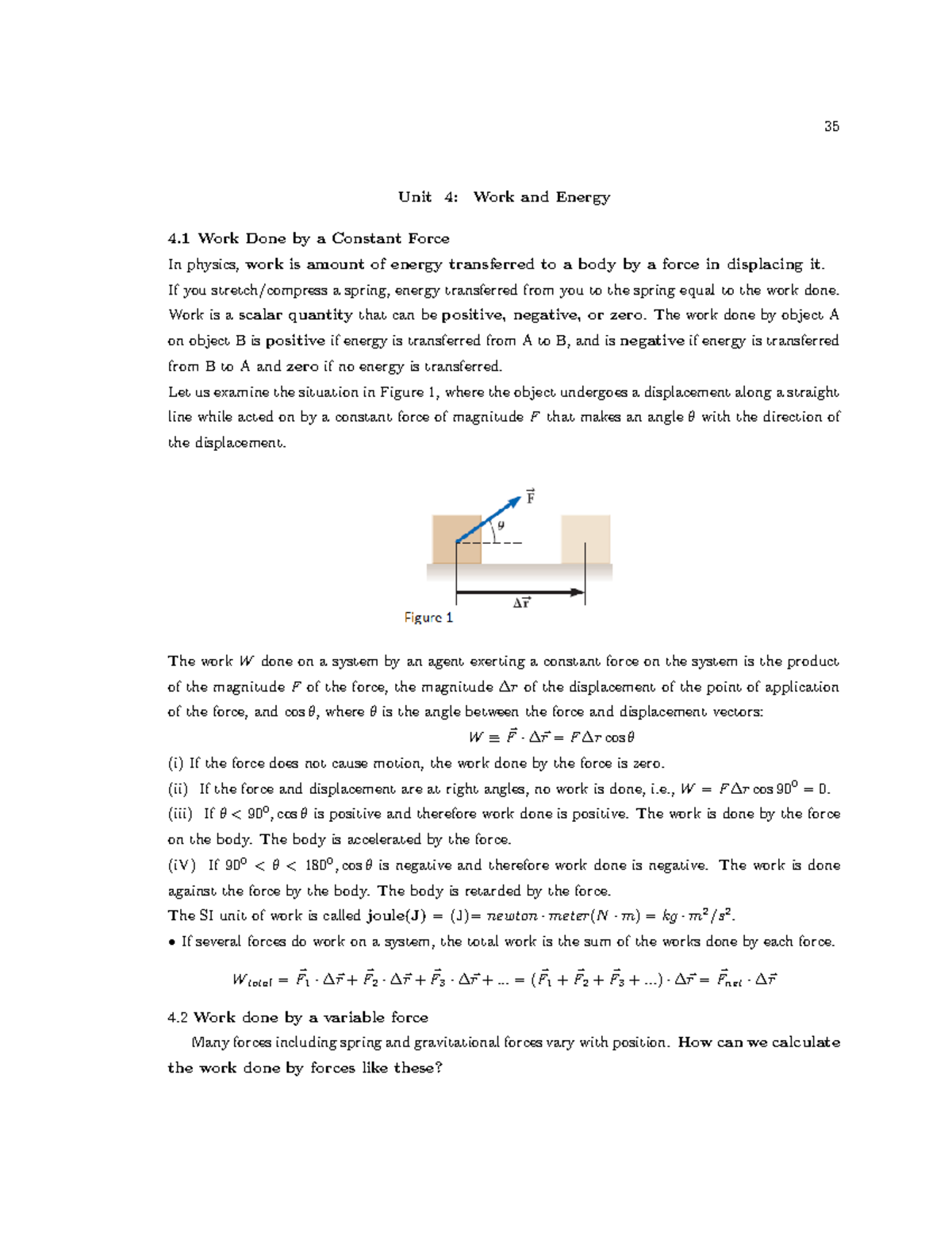 Phys 1011 work-energy notes - Unit 4: Work and Energy 4 Work Done by a ...