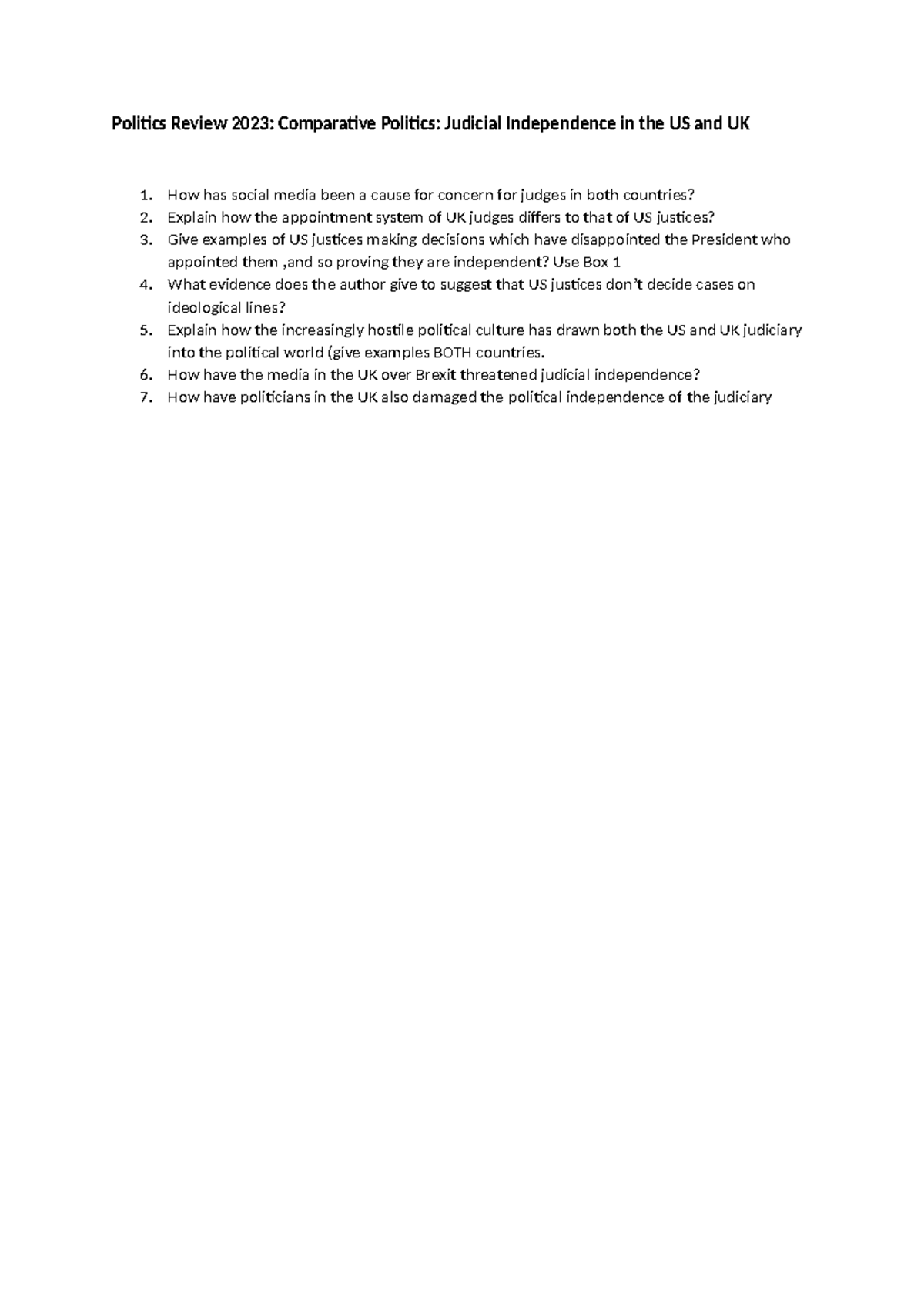 Politics Review 2023 Questions Comparative article on J Independence ...