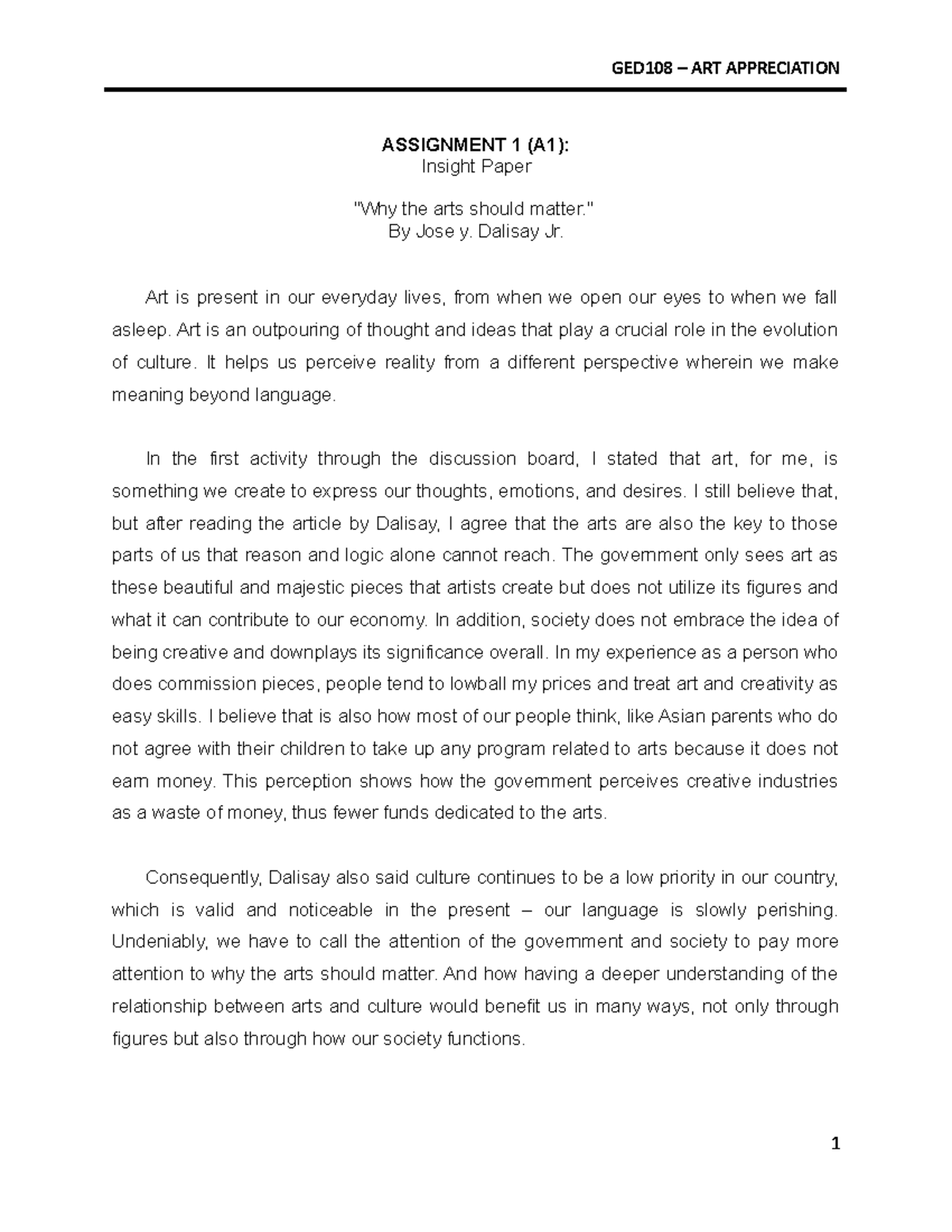 A1 - Why the arts should matter? - GED108 – ART APPRECIATION ASSIGNMENT ...