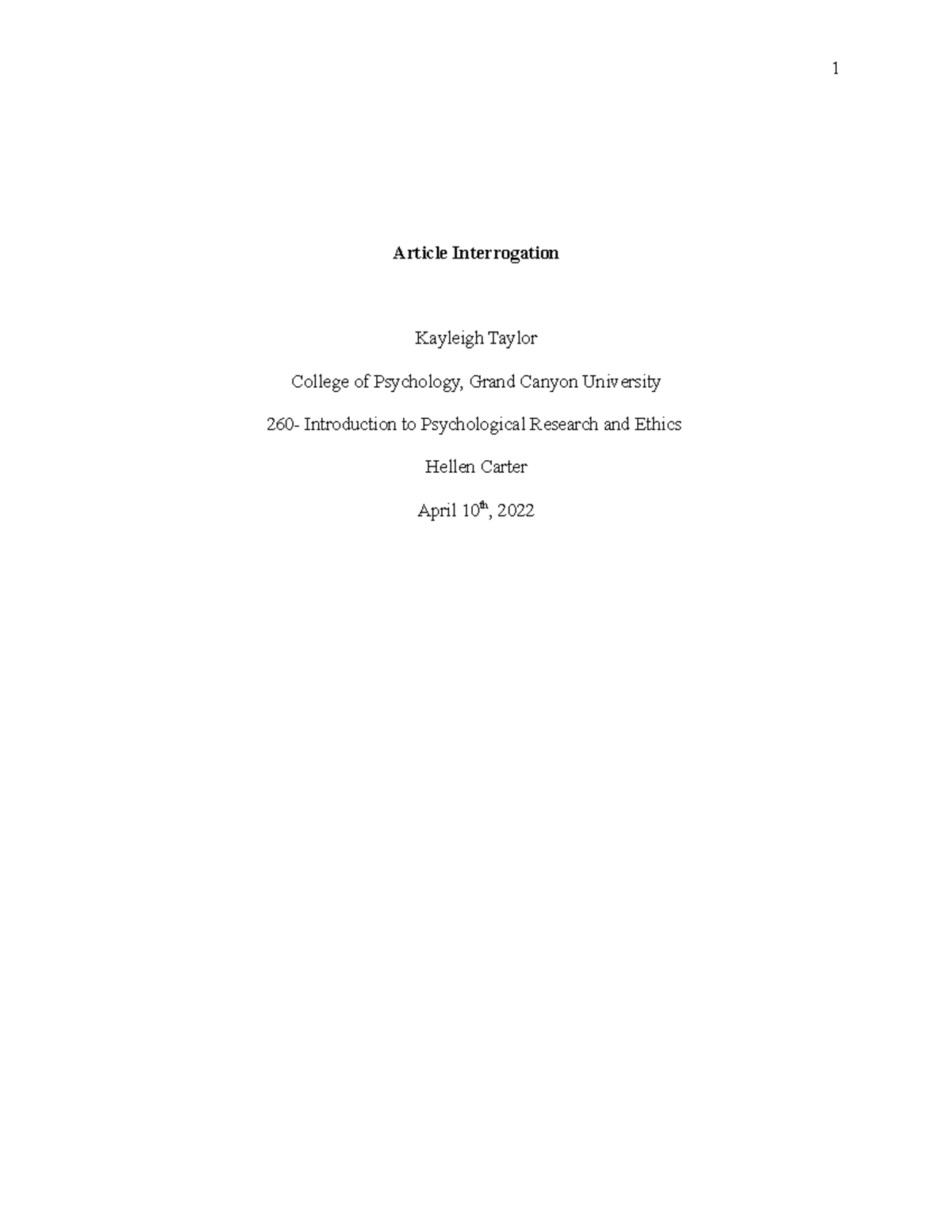 Psy-260 article-interrogation kayleight - Article Interrogation Kayleigh Taylor College of - Studocu