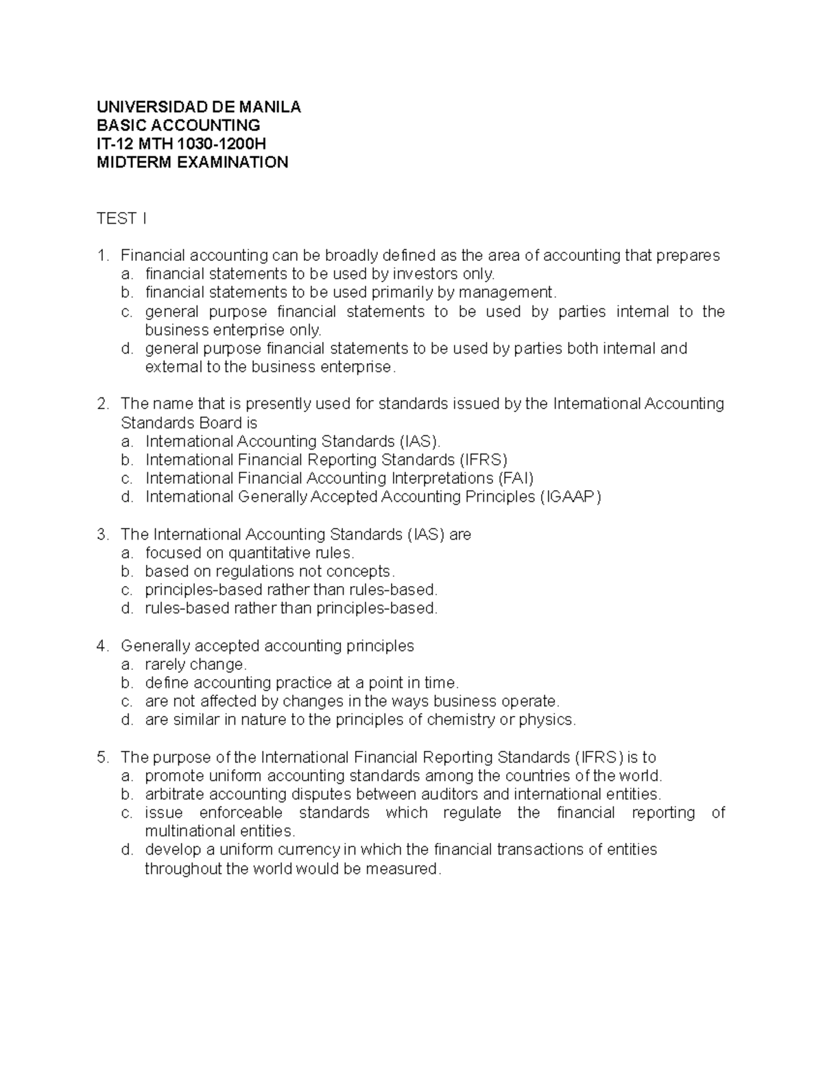 MT Basic Accounting - test title - UNIVERSIDAD DE MANILA BASIC ...