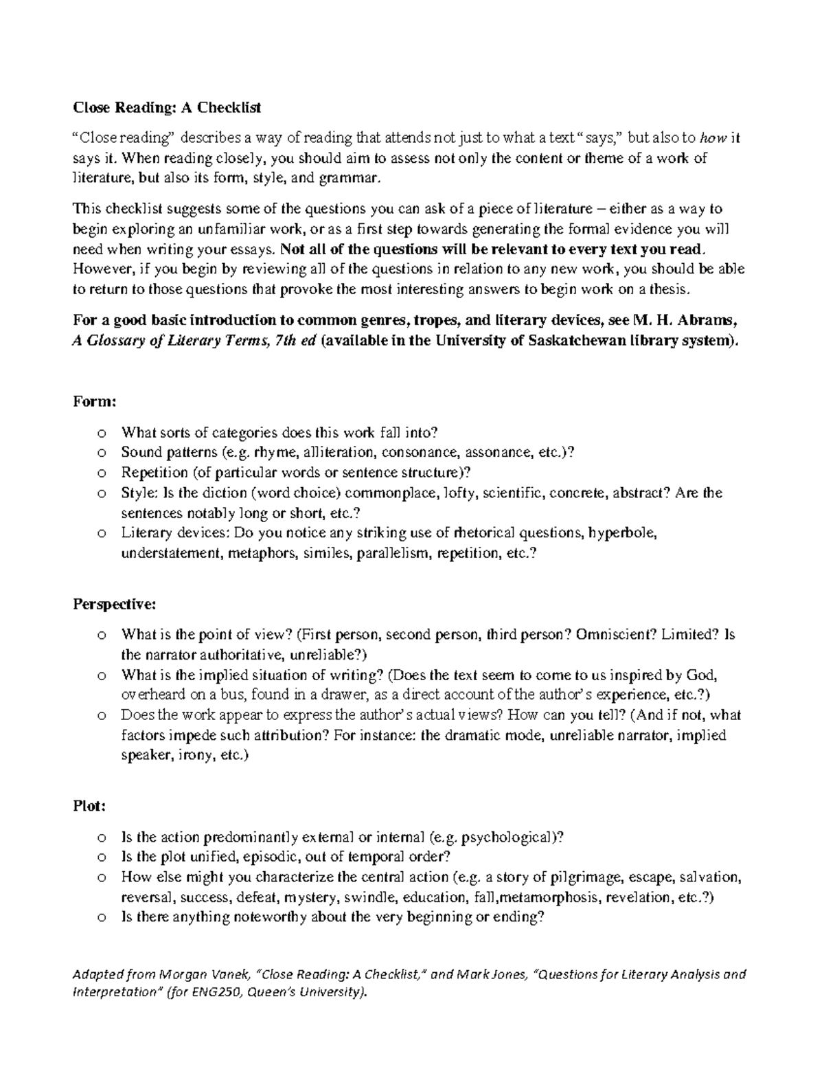 Close Reading handout 100-200 level - Adapted from Morgan Vanek, “Close ...