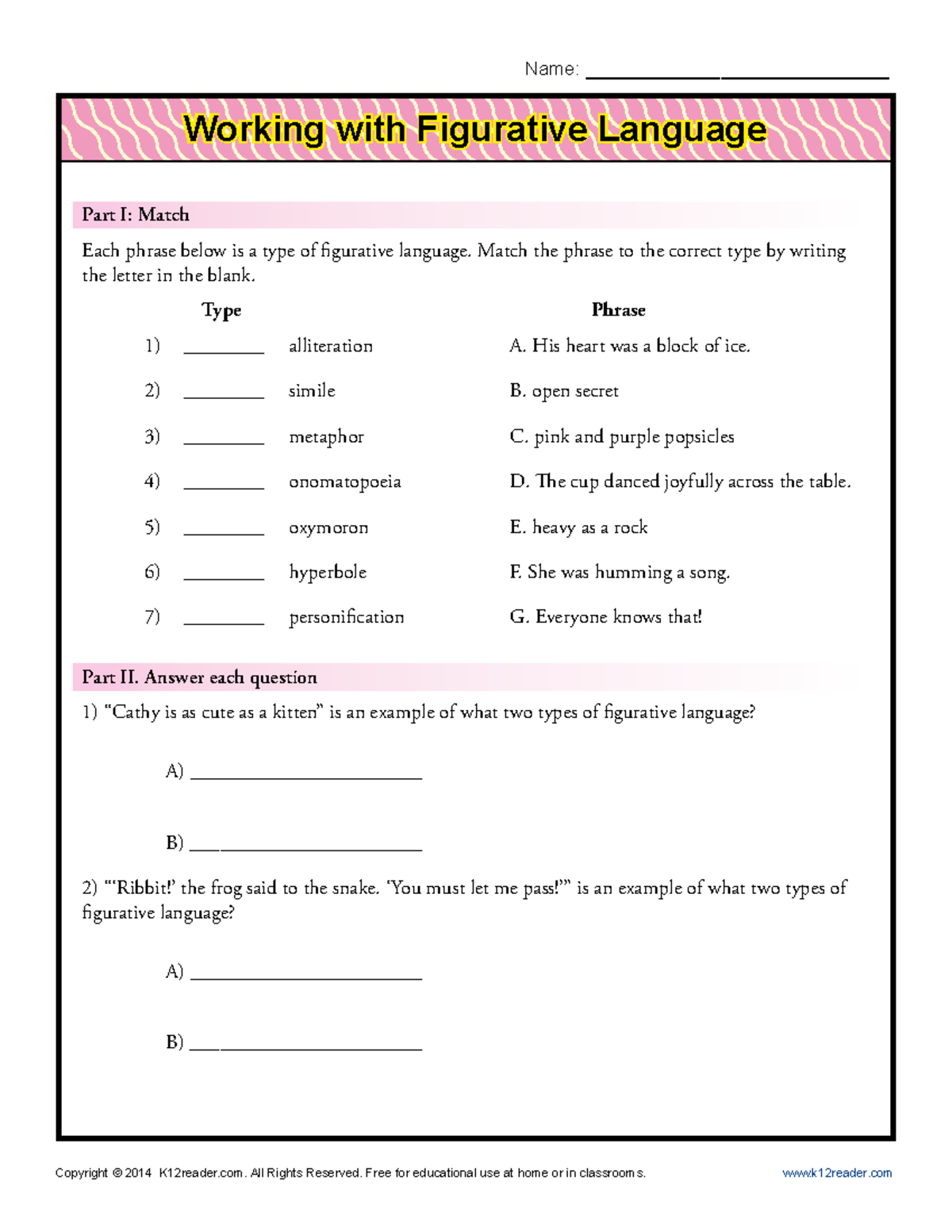 Figurative Language Practice Worksheet - Copyright © 2014 K12reader ...