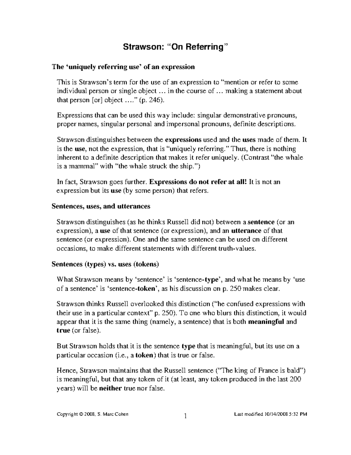 Strawson Display - Strawson: “On Referring” The ‘uniquely referring use ...