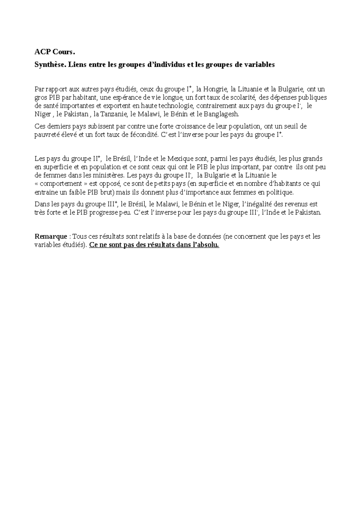 ACP cours synthese - ACP Cours. Synthèse. Liens entre les groupes d’individus et les groupes de ...