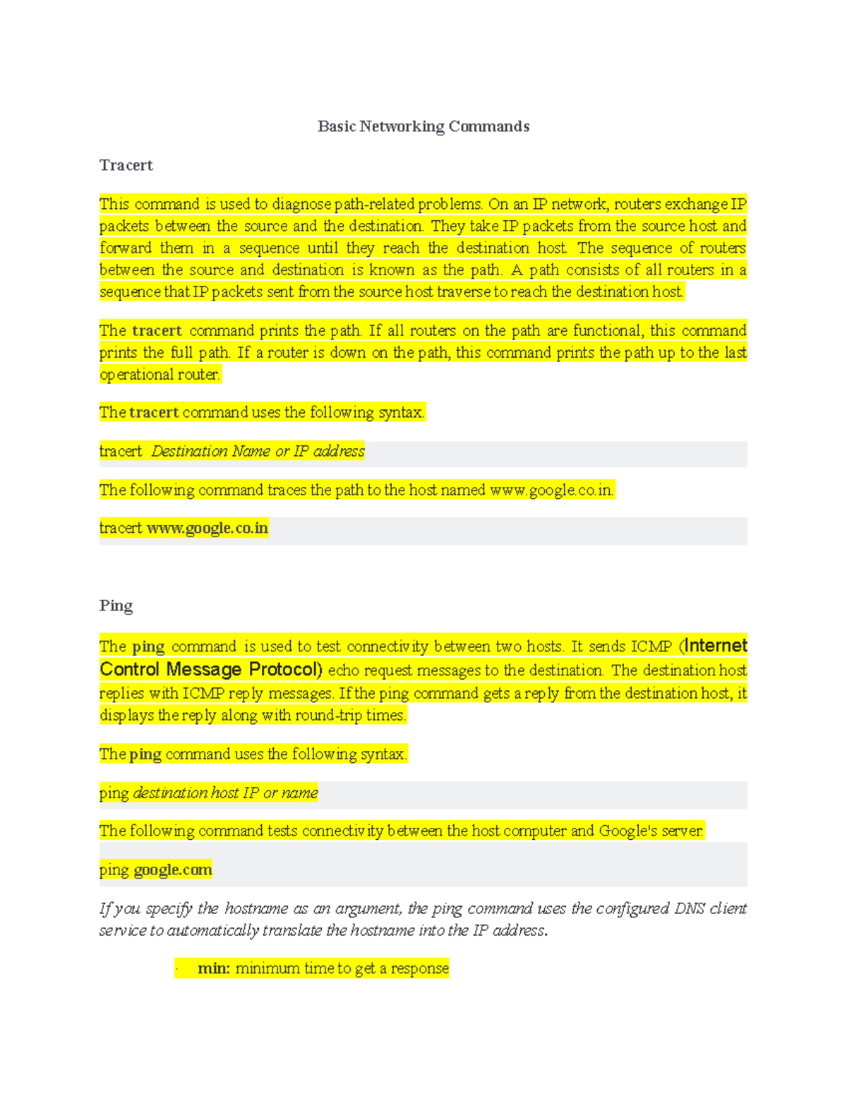 Basic Networking Commands Basic Networking Commands Tracert This