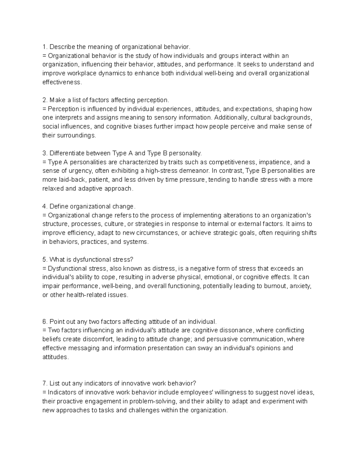 OB Model SET Solution - Describe the meaning of organizational behavior ...