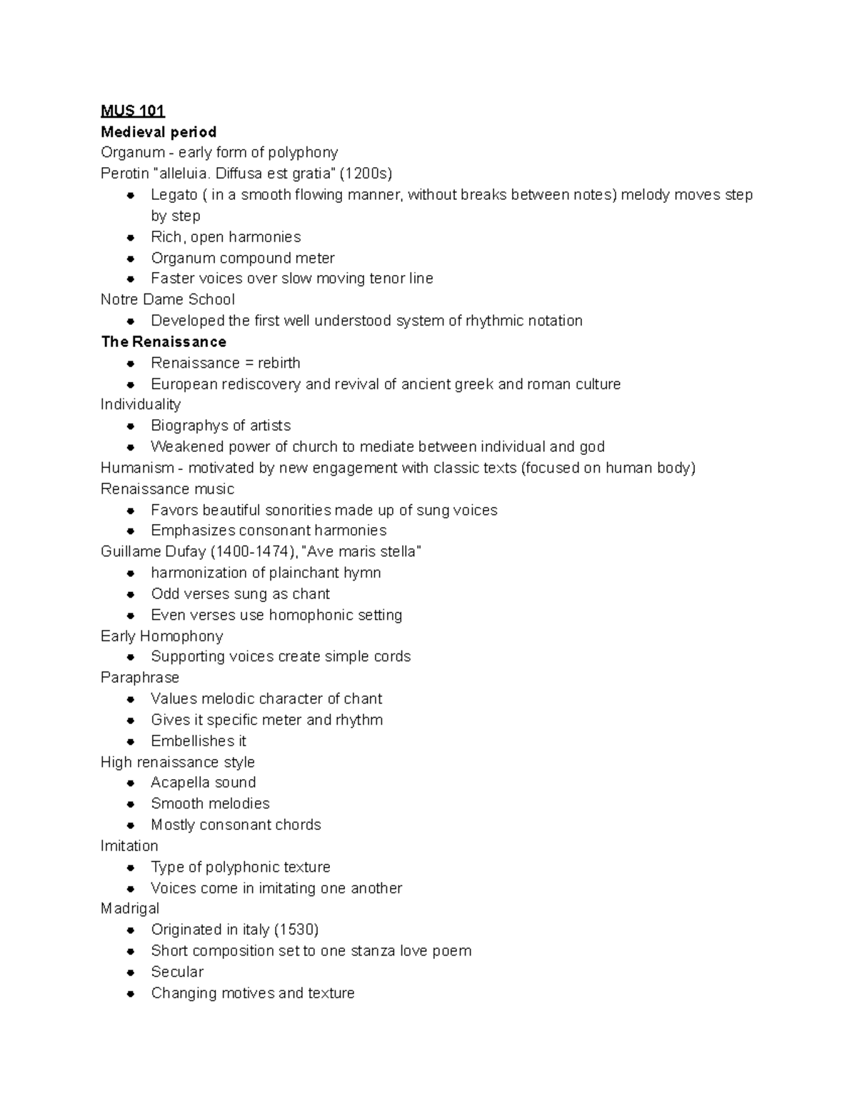MUS 101 Course Notes - MUS 101 Medieval period Organum - early form of ...