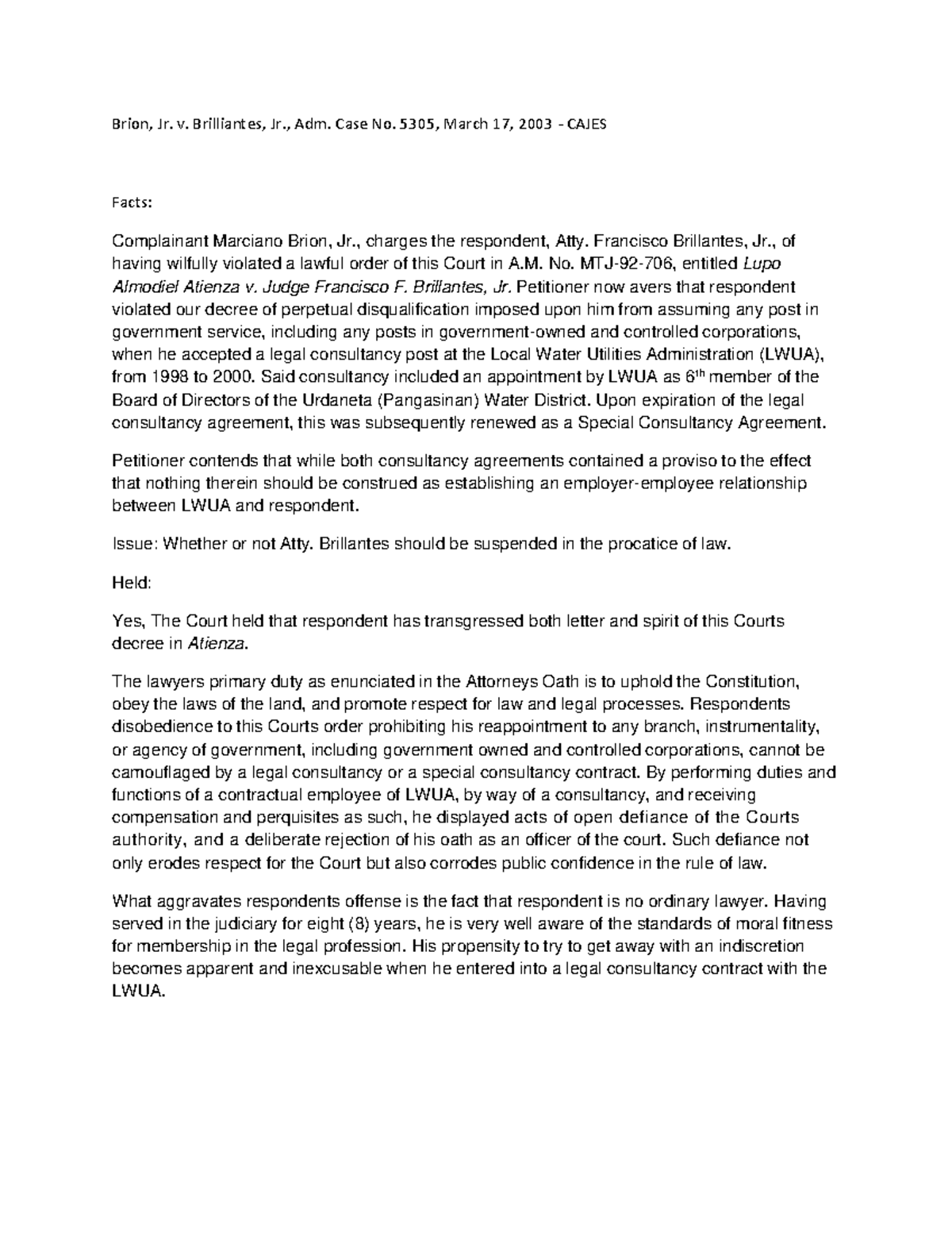 Brion-vs-brillantes compress - Brion, Jr. v. Brilliantes, Jr., Adm ...
