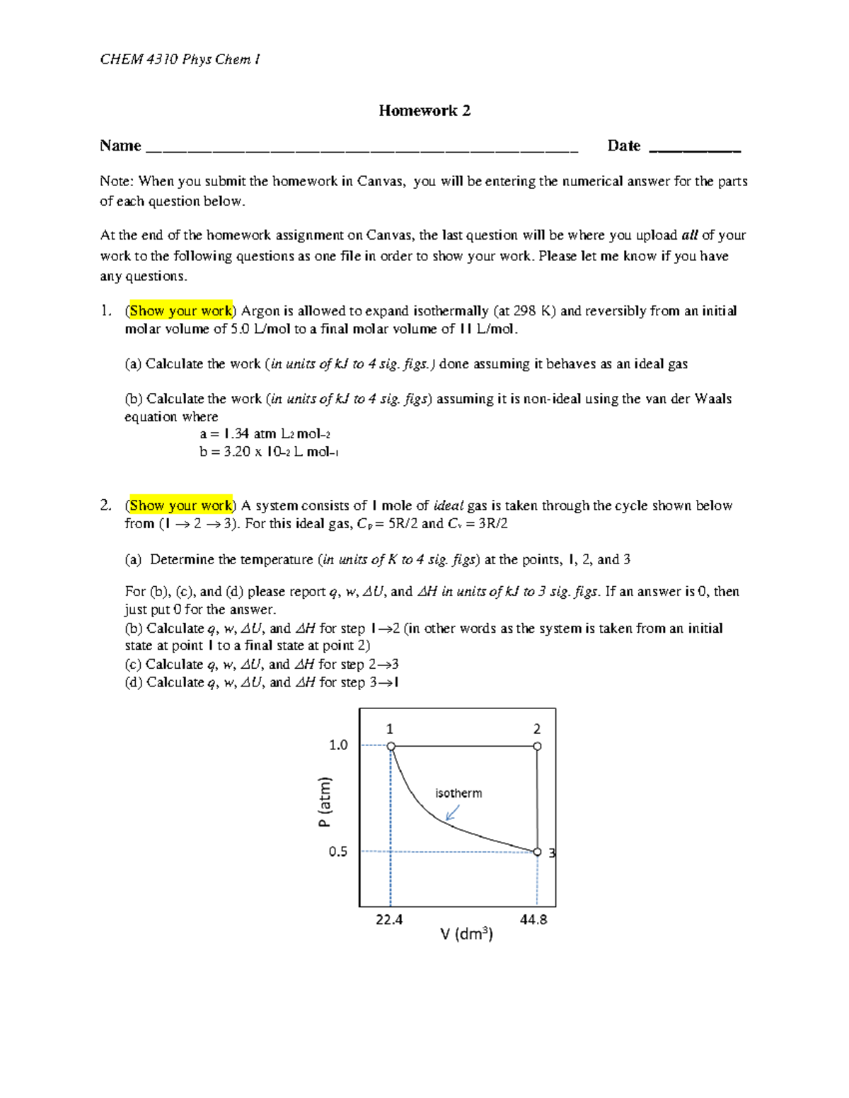Week+2+Homework+F2020 - CHEM 4310 Phys Chem I Homework 2 Name - Studocu