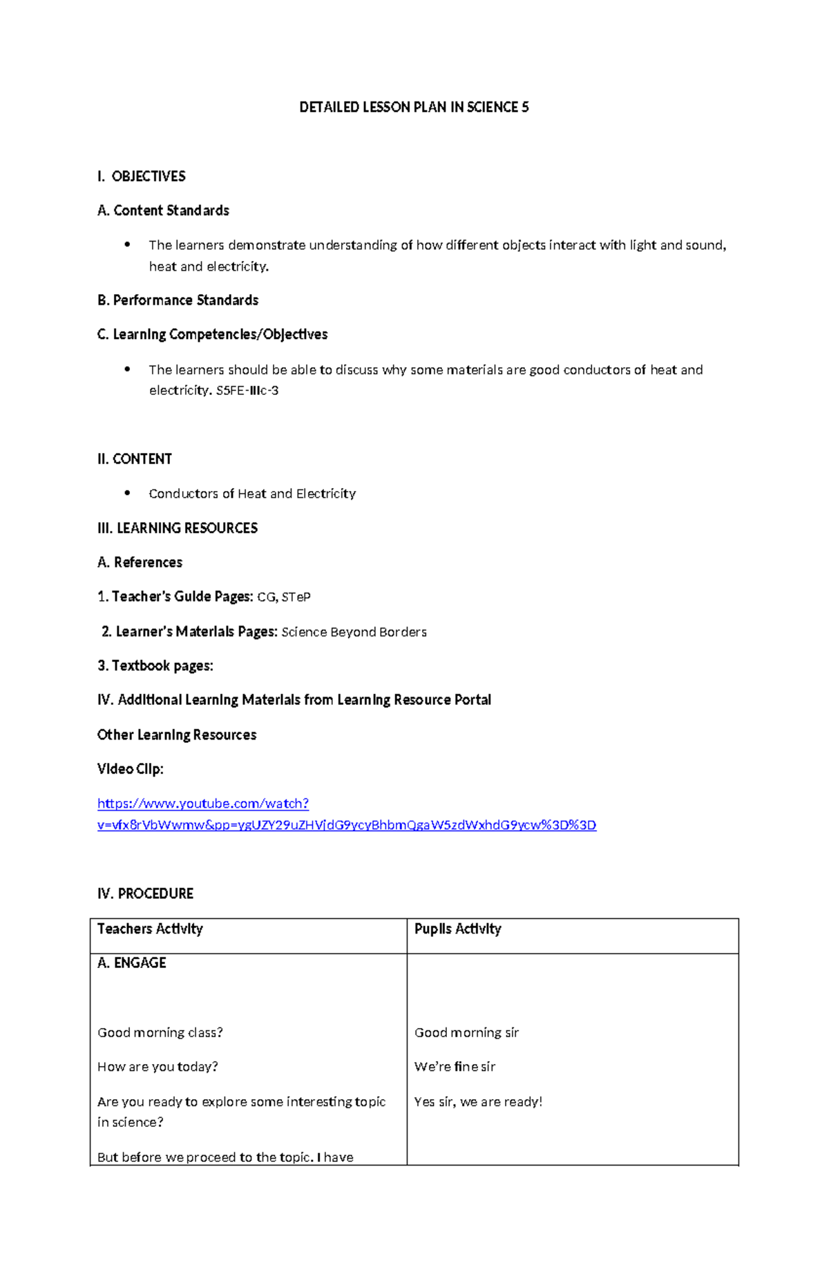 DLP S5 - DETAILED LESSON PLAN IN SCIENCE 5 I. OBJECTIVES A. Content ...