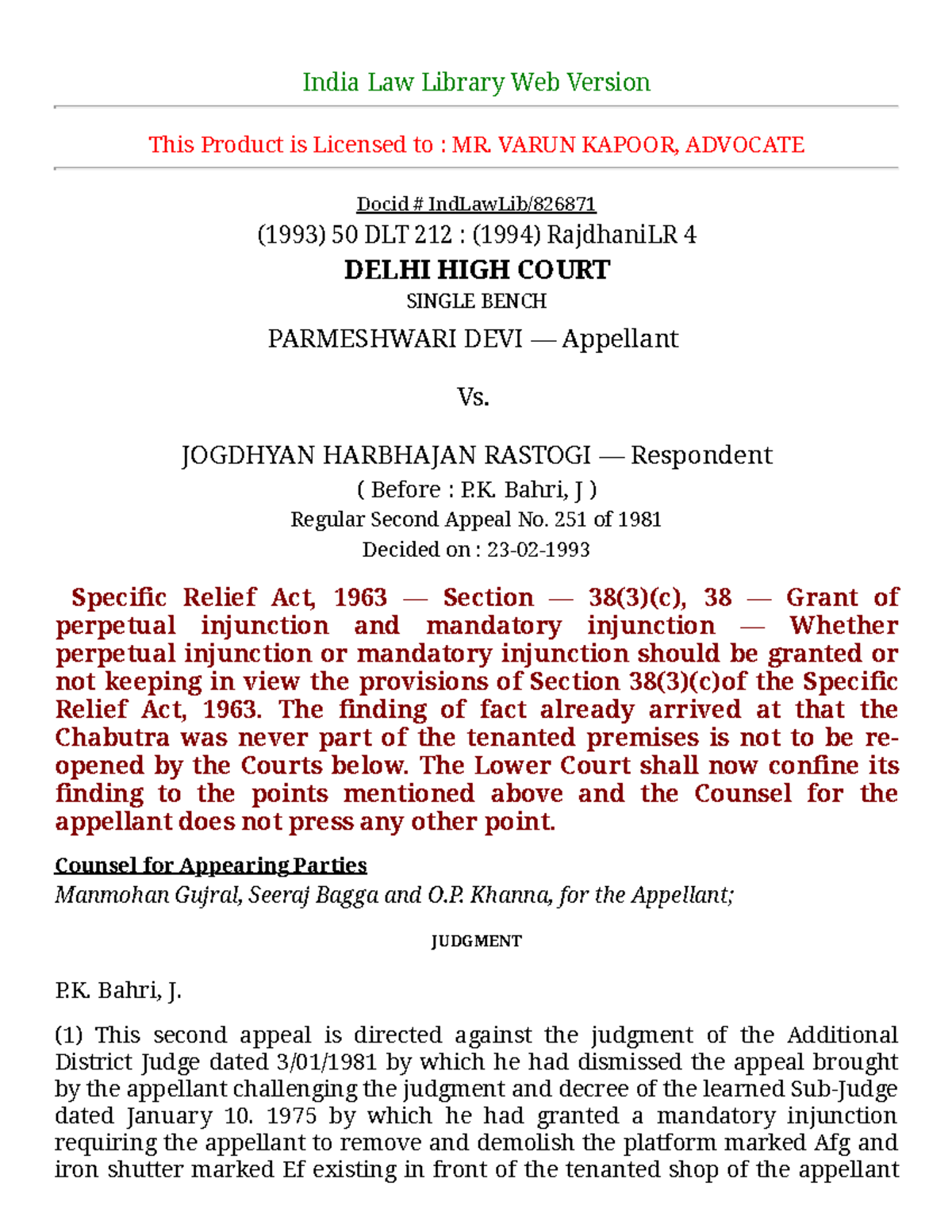 Perpetual injunction high court delhi - India Law Library Web Version ...