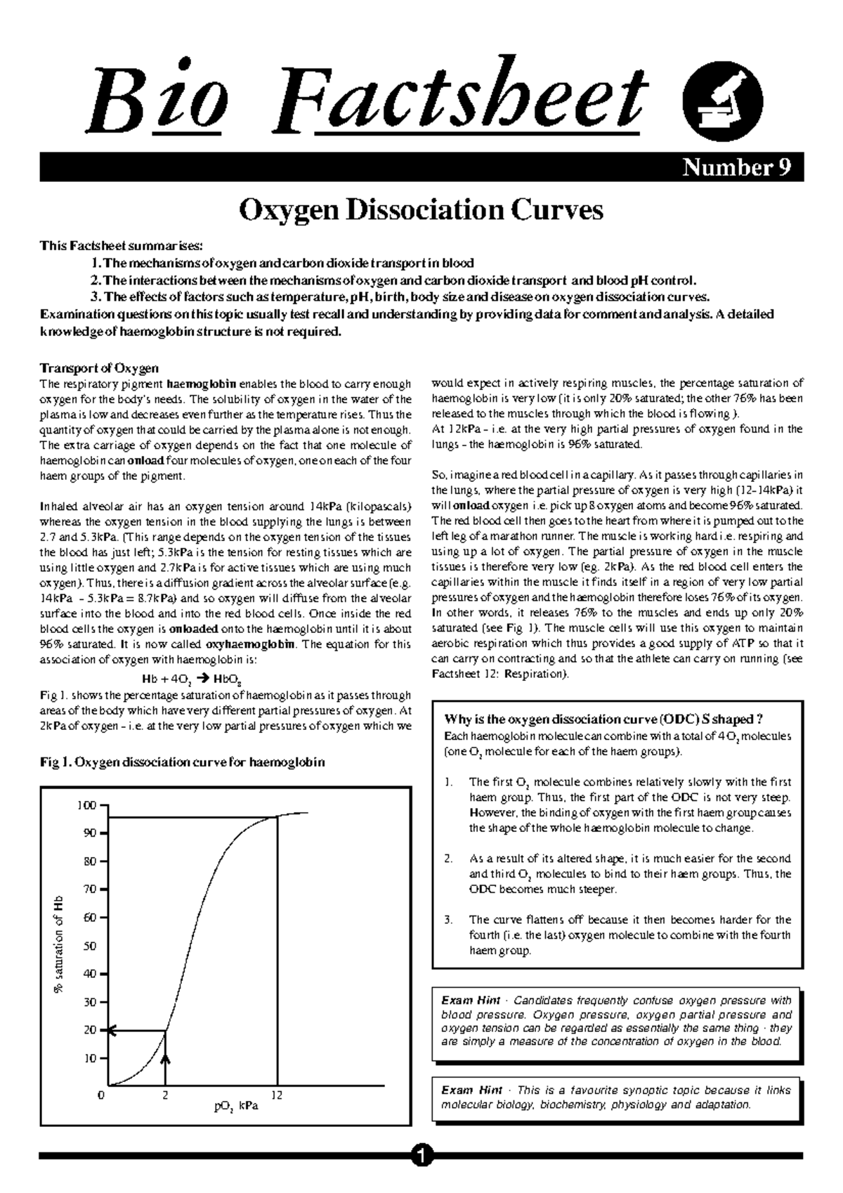 009 Oxygen Disso Curves - Oxygen Dissociation Curves Bio Factsheet ...