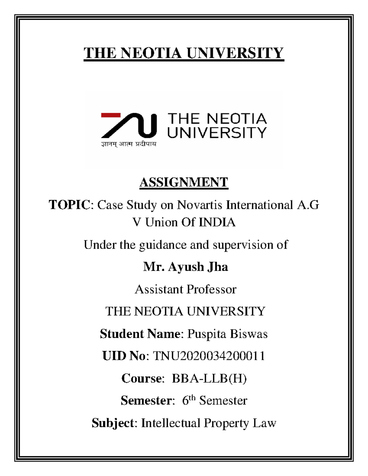 Puspita IPR - THE NEOTIA UNIVERSITY ASSIGNMENT TOPIC: Case Study on ...