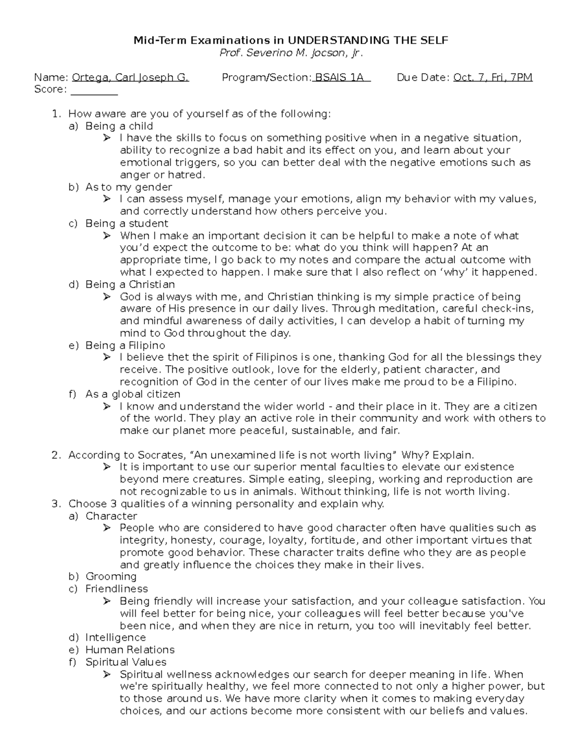 Mid Term Examinations in Understanding the Self First Sem 2022 2023 ...