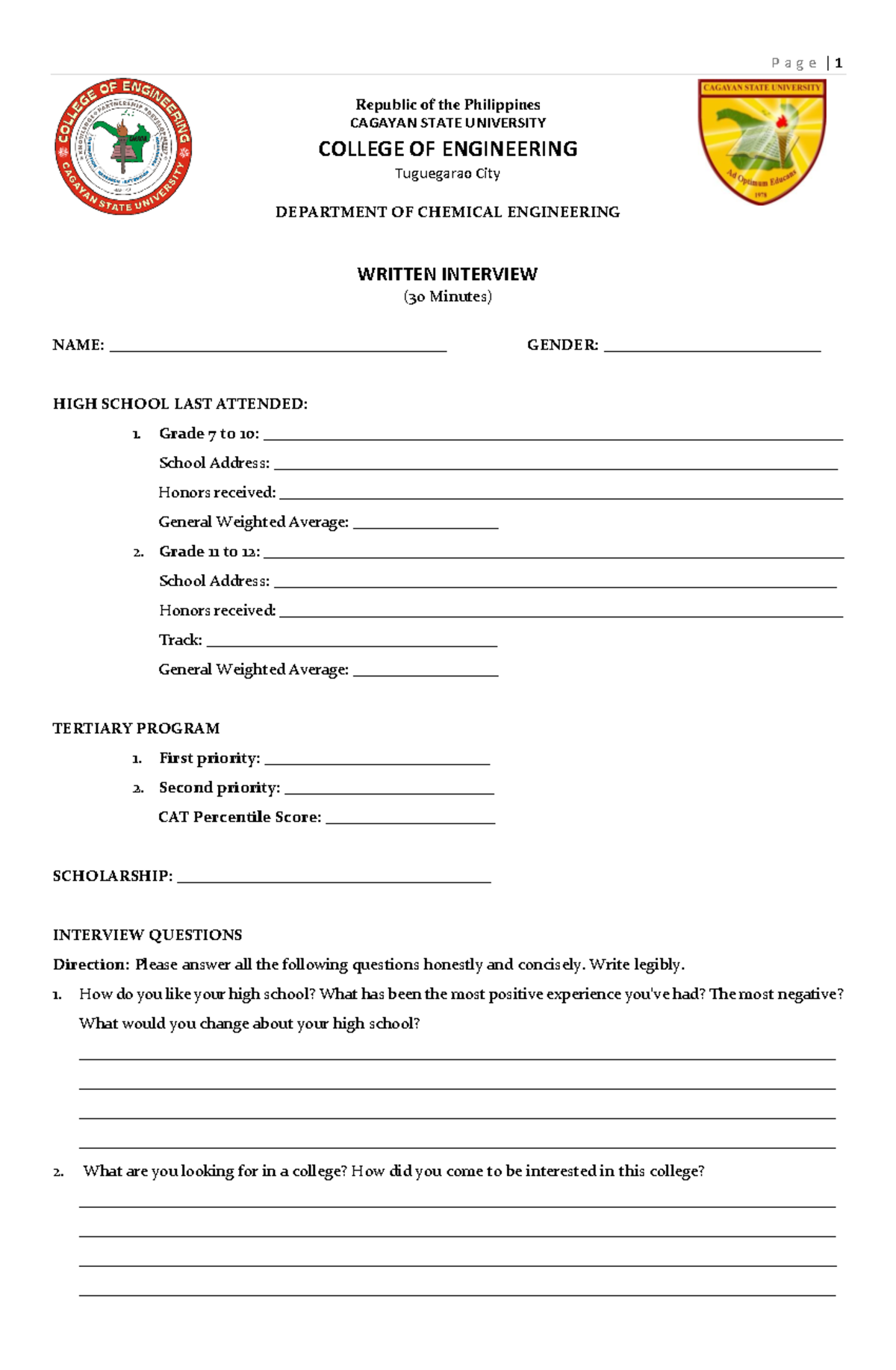 Interview FORM - FORM - Republic of the Philippines CAGAYAN STATE ...