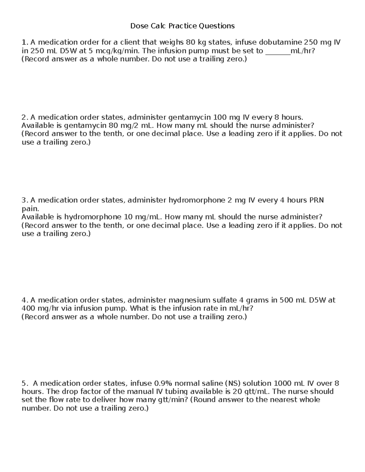 Dose Calculations Practice Worksheet Math For Nursing Dose Calc
