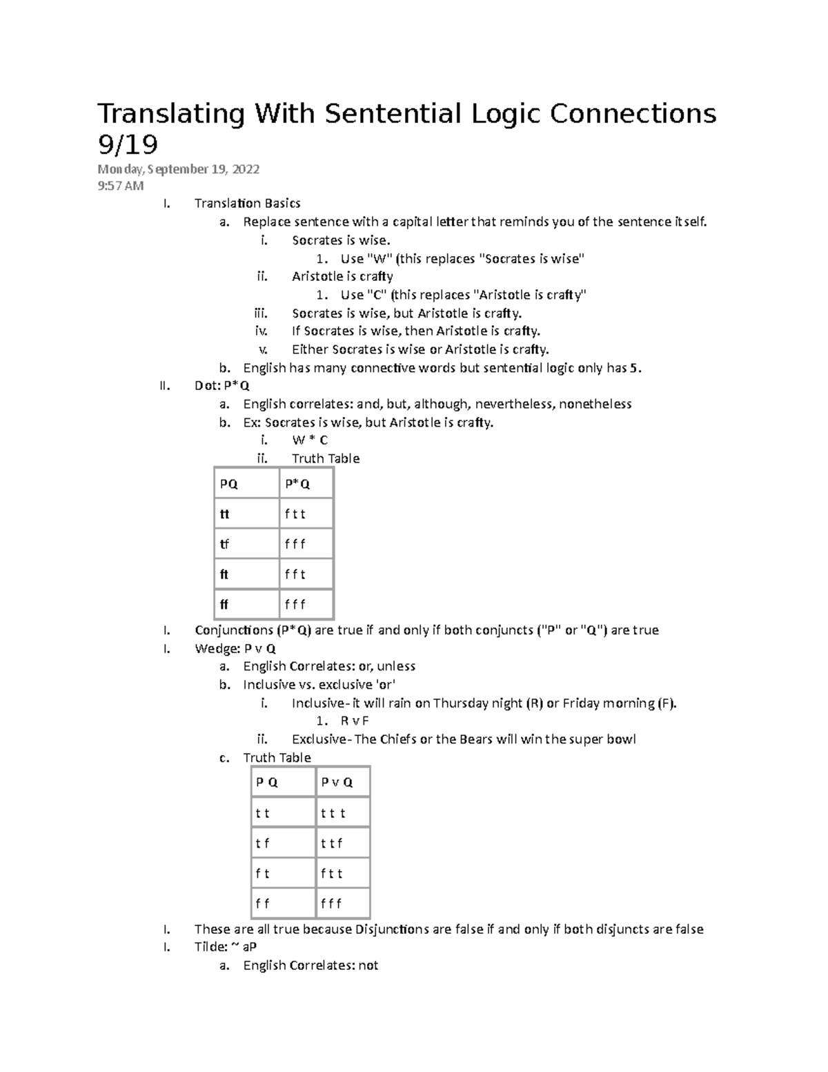 Phil Translating - Dr. Yarnell - Translating With Sentential Logic Connections 9/ Monday ...