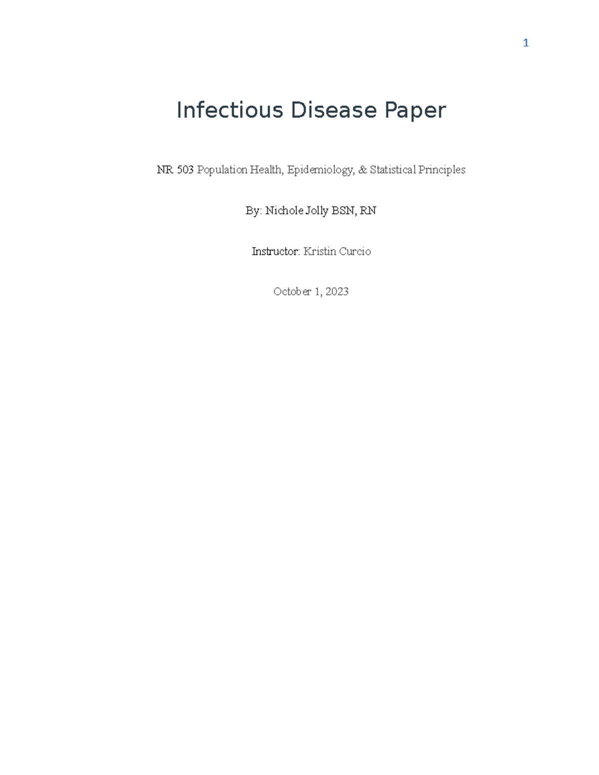 Infectious Disease Paper APA NR503 - Infectious Disease Paper NR 503 ...