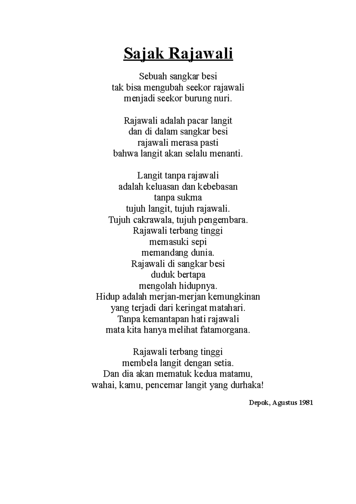 Puisi Sajak Rajawali - Sajak Rajawali Sebuah sangkar besi tak bisa ...