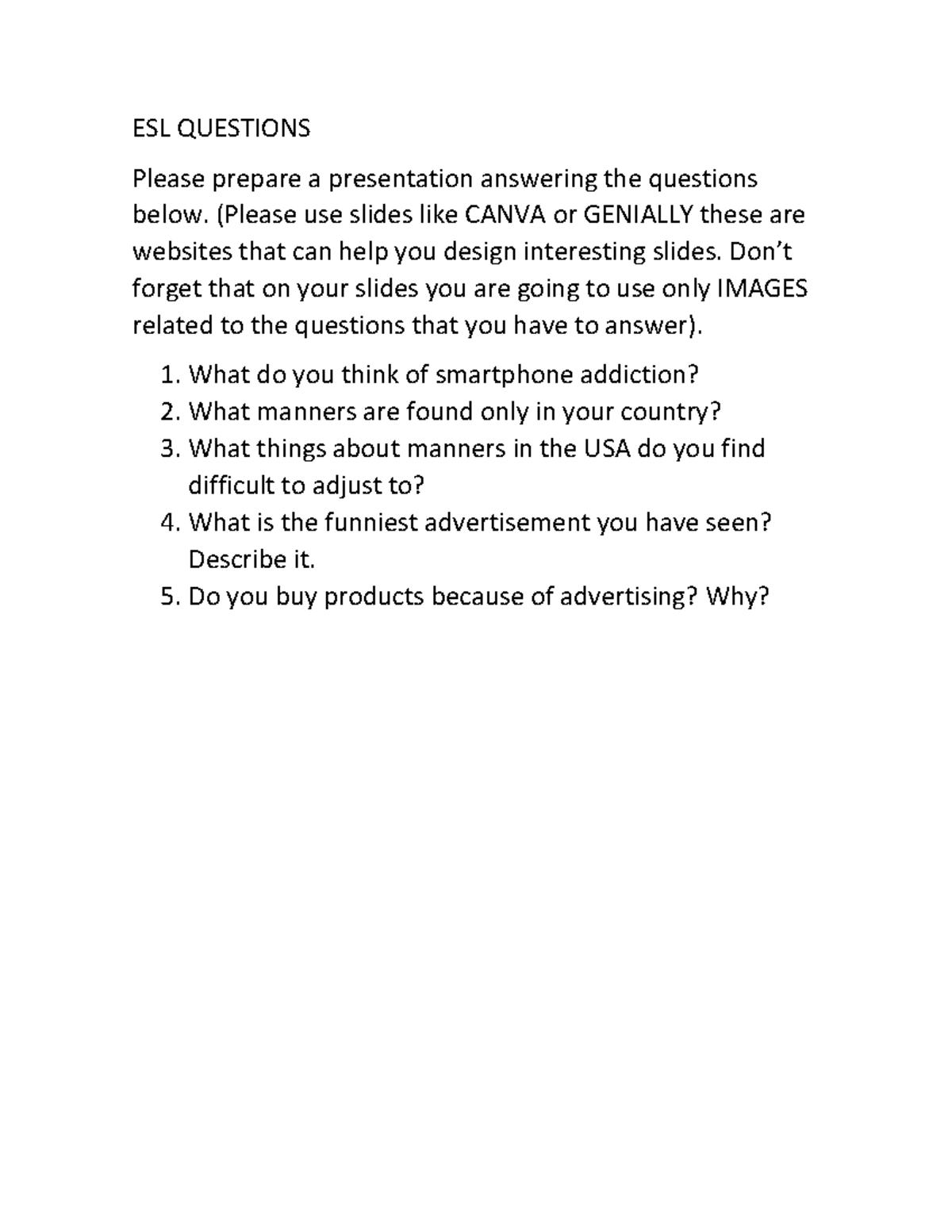 ESL Questions QUIZ Course 11 ESL QUESTIONS Please Prepare A