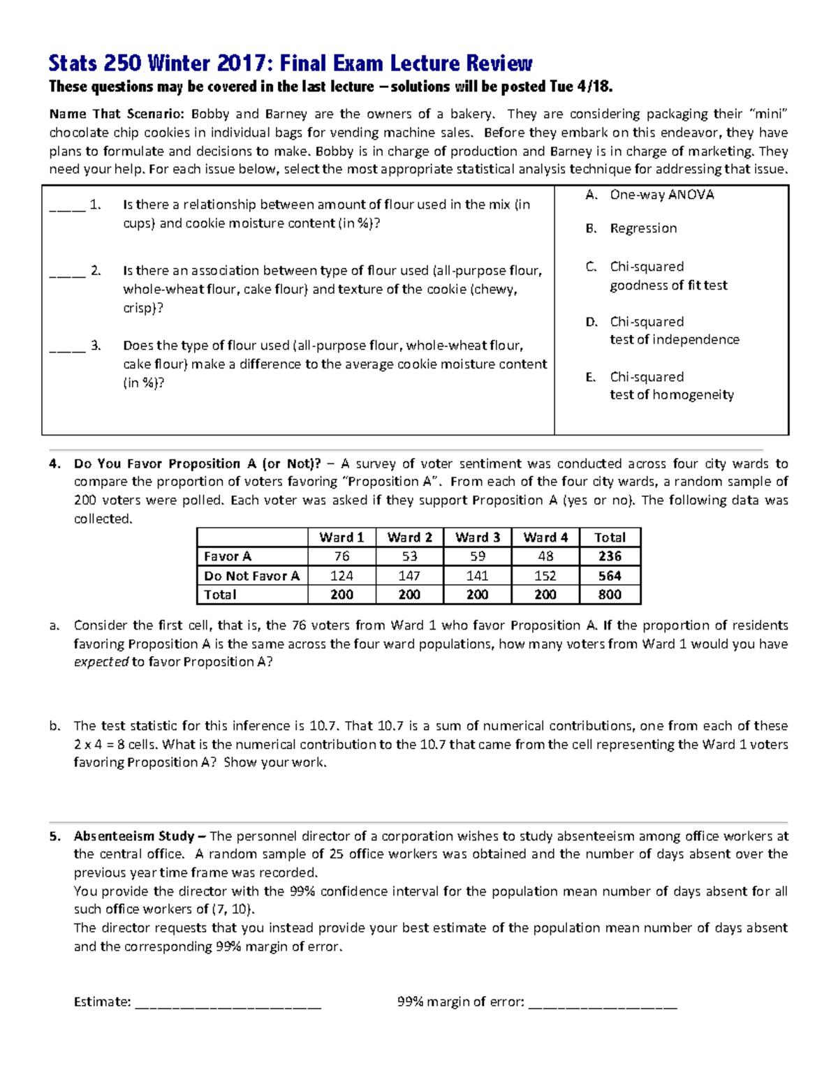W17 Final Exam Lecture Review - Stats 2 50 Winter 2017 : Final Exam ...