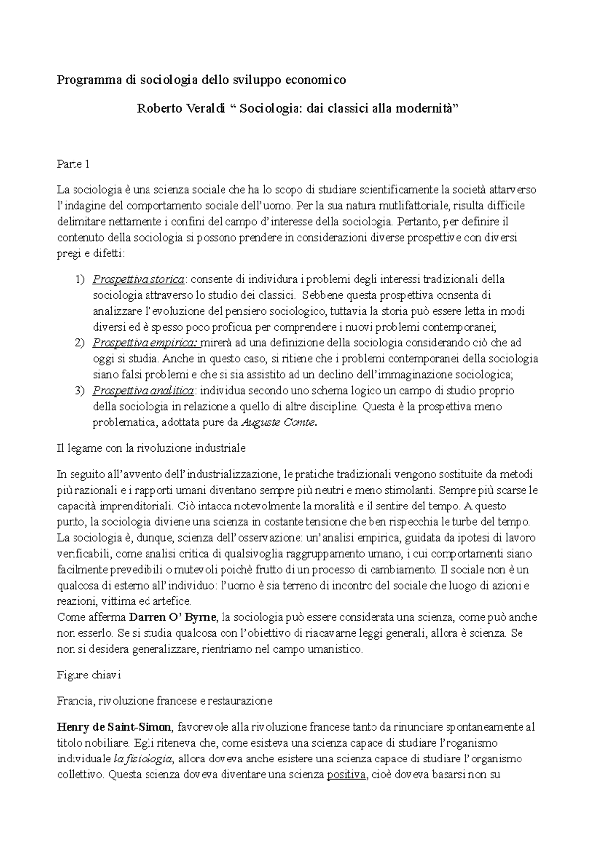 Programma di sociologia dello sviluppo economico- parte 1 - Programma ...