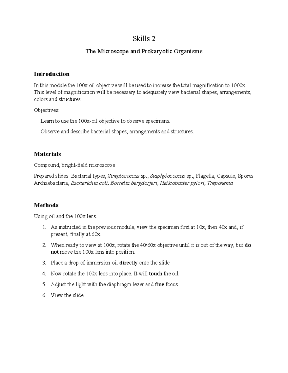 Lab manual Skills 2 - Skills 2 The Microscope and Prokaryotic Organisms ...