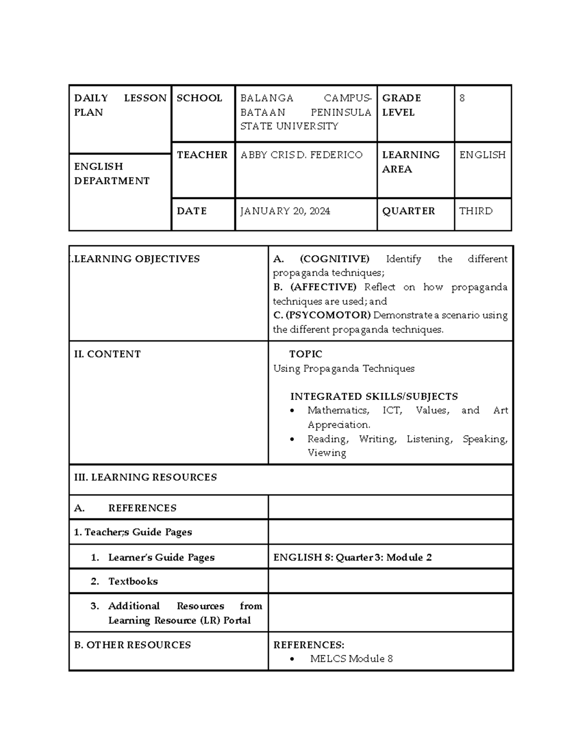 Manalo Lesson-PLAN Propaganda Devices - DAILY LESSON PLAN SCHOOL ...