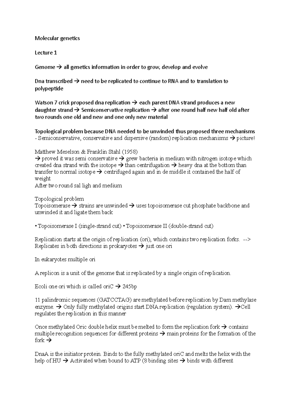Molecular genetics lecutre notes - Molecular genetics Lecture 1 Genome ...