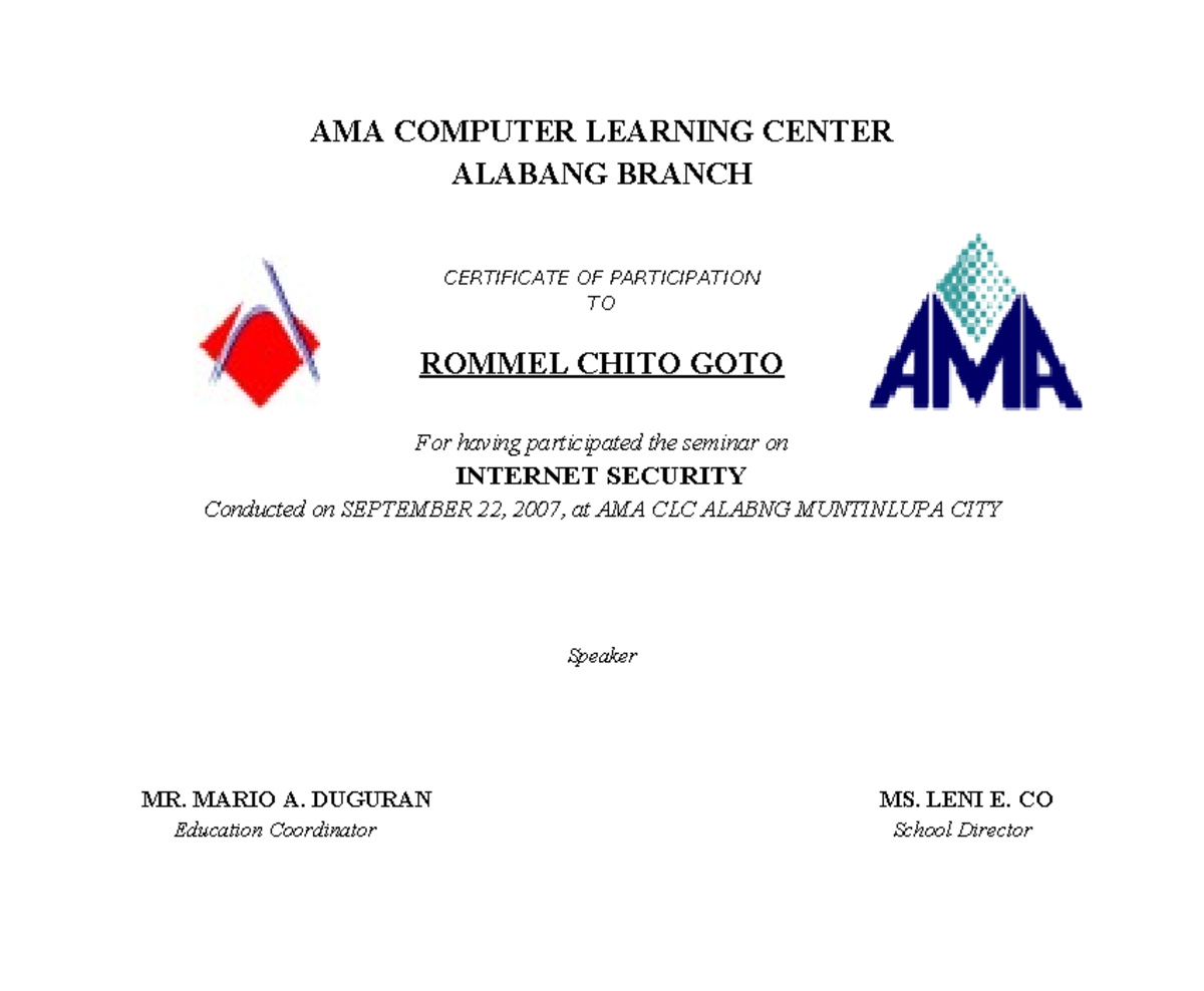 7026907 Ama Computer Learning Certificate - AMA COMPUTER LEARNING ...
