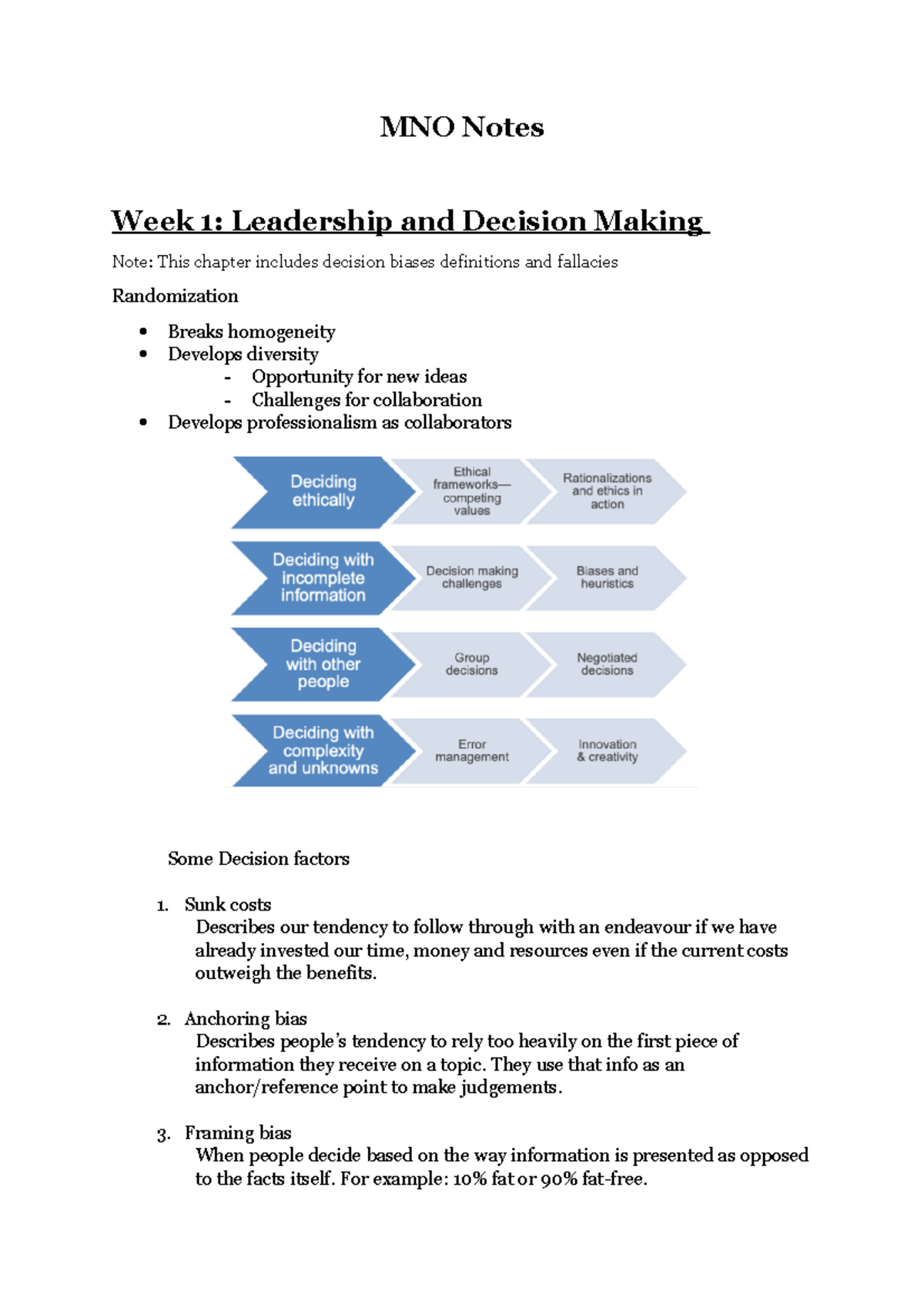 MNO Notes - useful - MNO Notes Week 1: Leadership and Decision Making ...