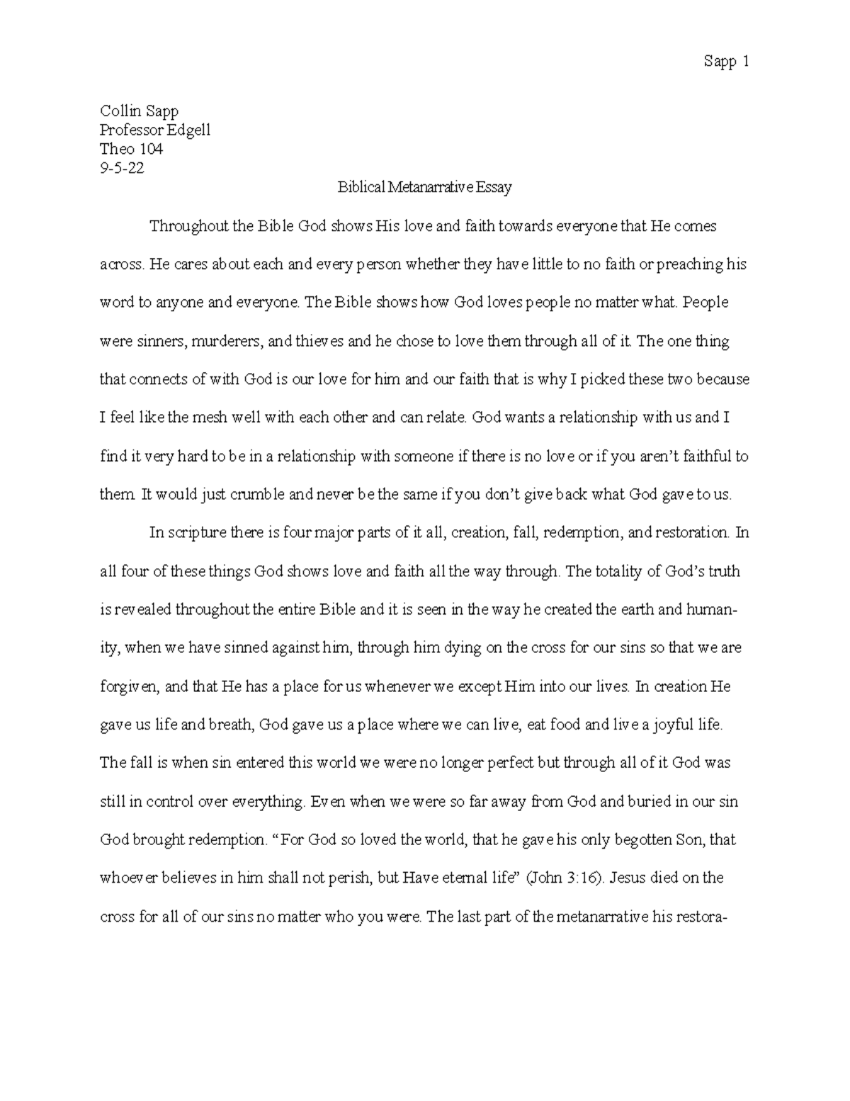 Biblical Metanarrative Essay - Collin Sapp Professor Edgell Theo 104 9 ...