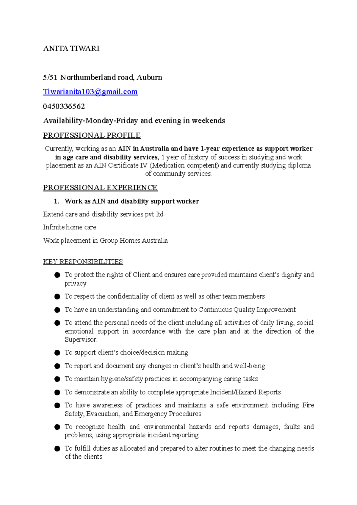 Anita resume - ANITA TIWARI 5 /51 Northumberland road, Auburn Tiwarianita103@gmail 0450336562 ...