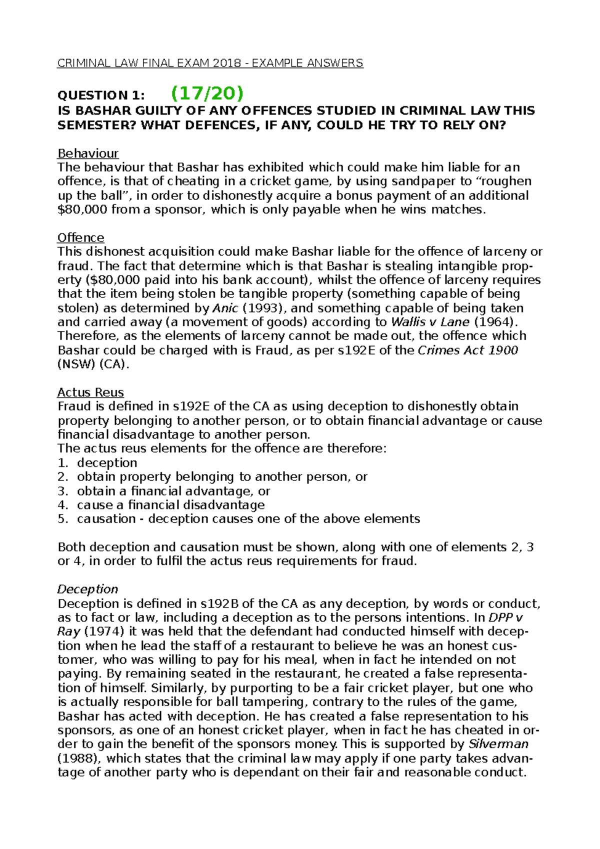 Exam Exam 20 June 2018, answers - CRIMINAL LAW FINAL EXAM 2018 EXAMPLE ...