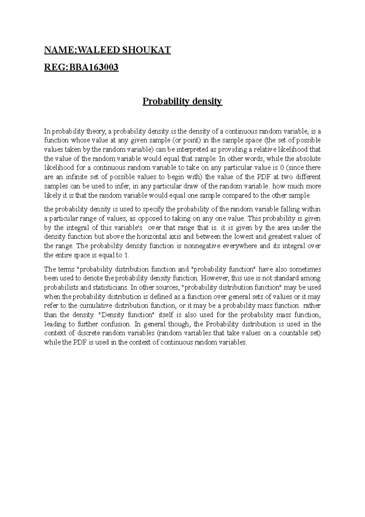 assignment of probilty density - NAME:WALEED SHOUKAT REG:BBA ...