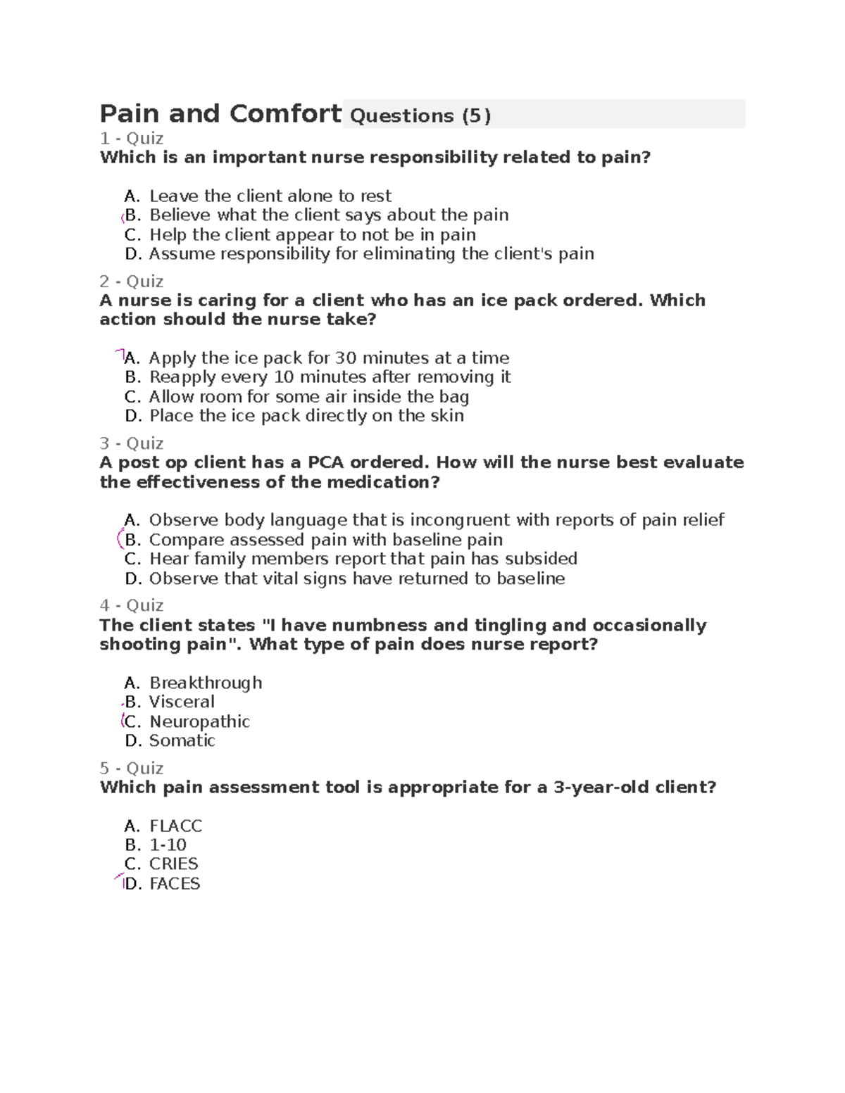 Pain -Comfort Quiz - Pain and Comfort Questions (5) 1 - Quiz Which is ...