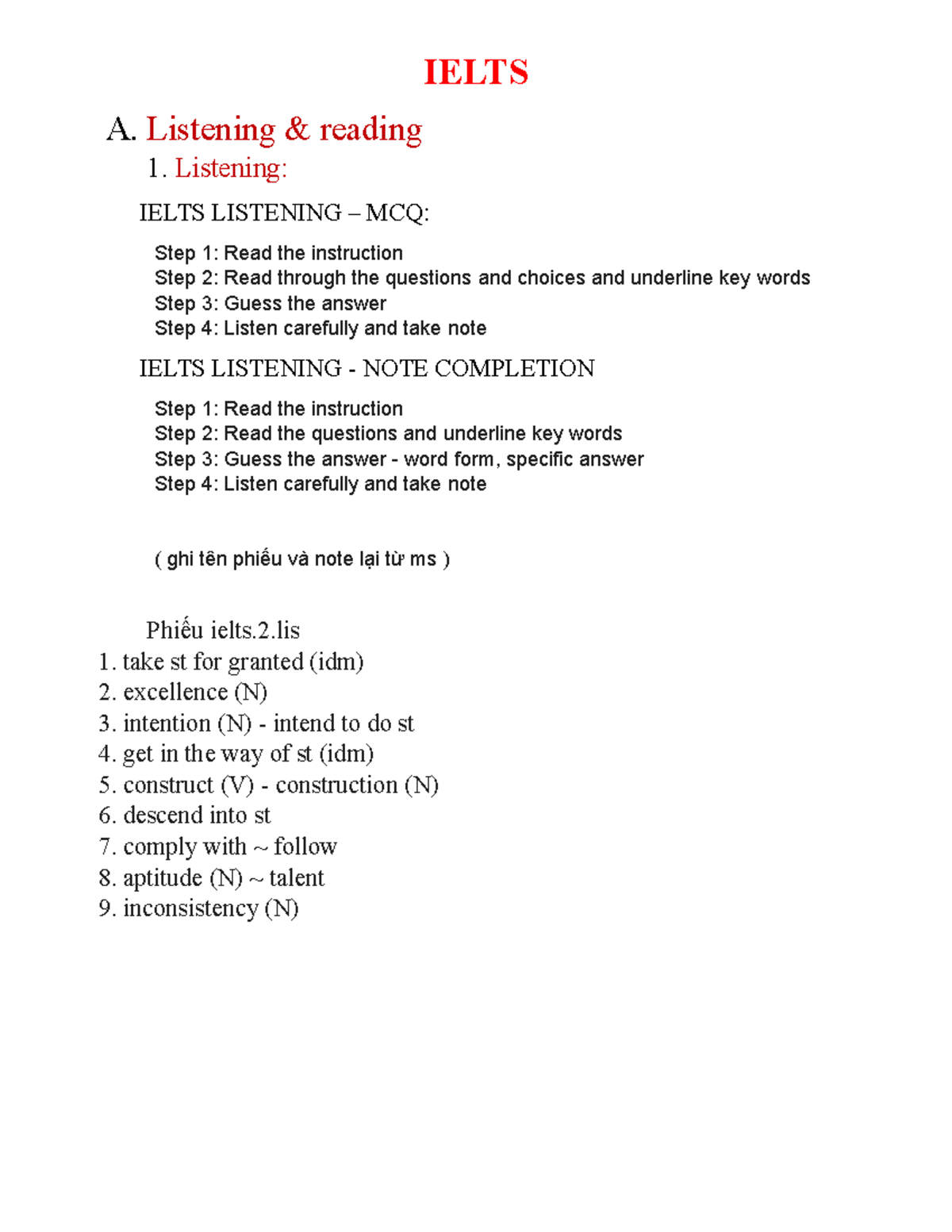 Ielts ( note book ) - IELTS A. Listening & reading 1. Listening: IELTS ...