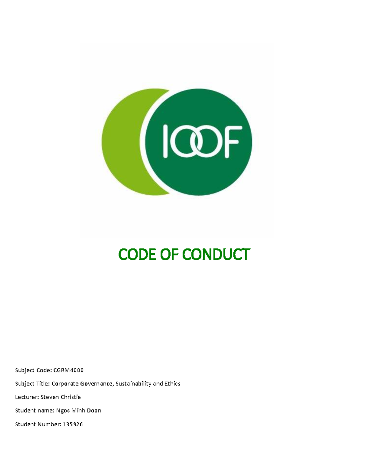 12144 IOOF Holdinsg CODE OF Conduct CODE OF CONDUCT Subject Code 12144-ioof-holdinsg-code-of-conduct-code-of-conduct-subject-code