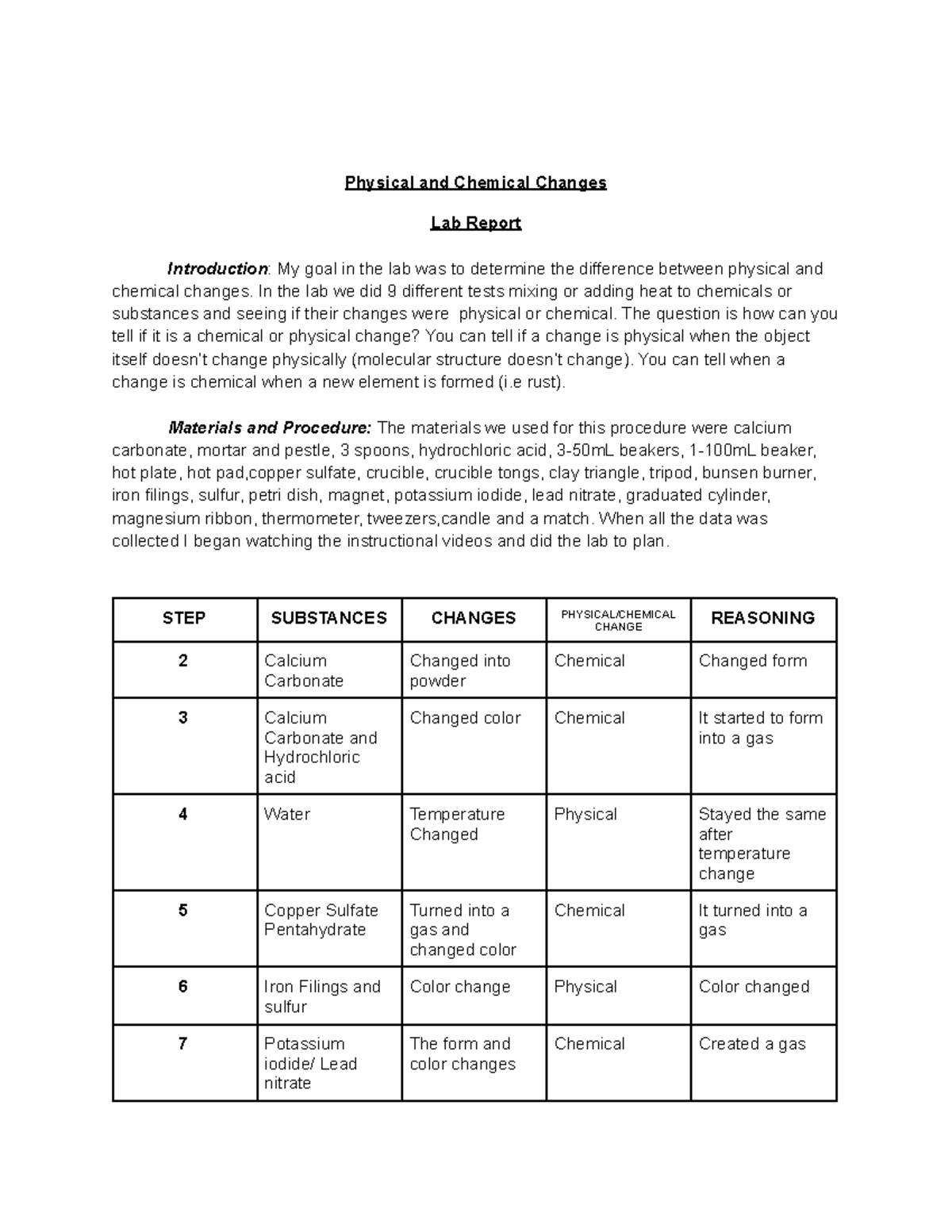 Physical and Chemical Changes - In the lab we did 9 different tests ...
